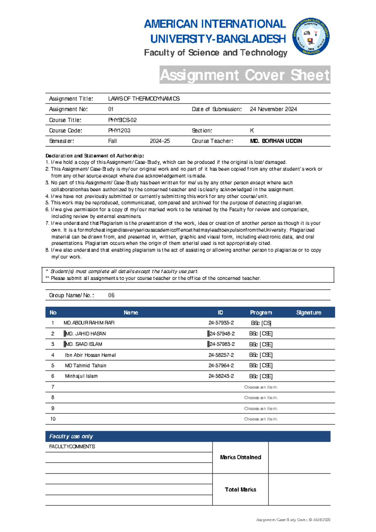 laws of thermodynamics - Assignment/Case-Study Cover; © AIUB- AMERICAN ...