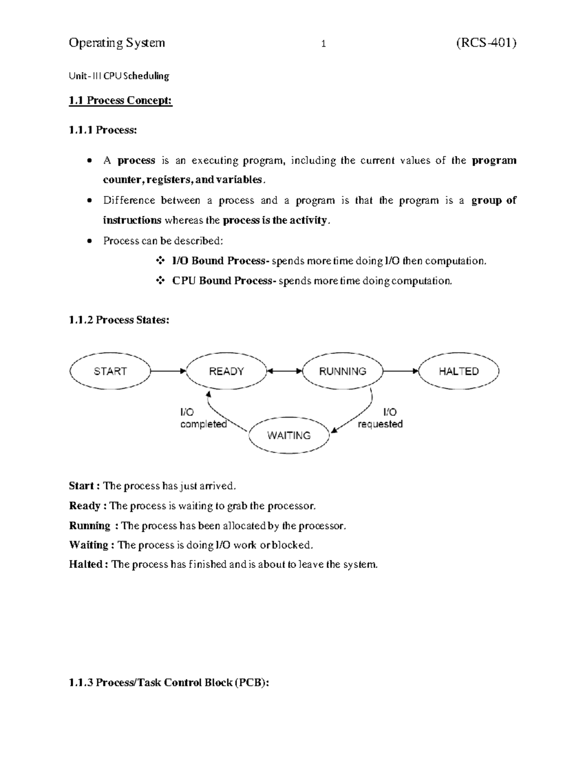 Unit 3 os notes - Operating System - Unit- III CPU Scheduling 1 Process ...