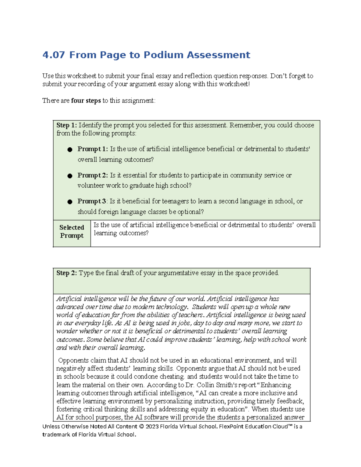 Copy of 4.07 From Page to Podium Assessment & Rubric - 4 From Page to ...