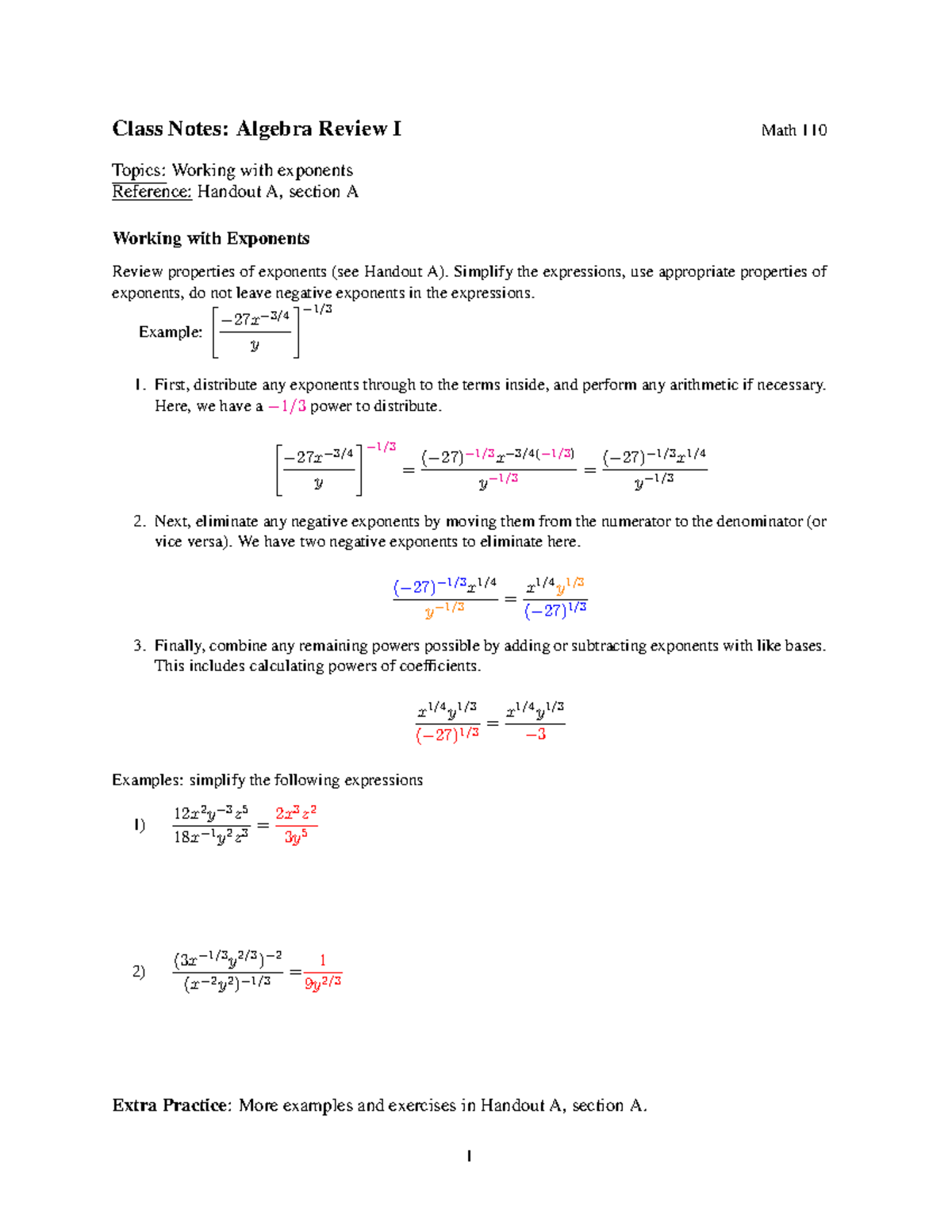 01 - Answers - Class Notes: Algebra Review I Math 110 Topics: Working ...