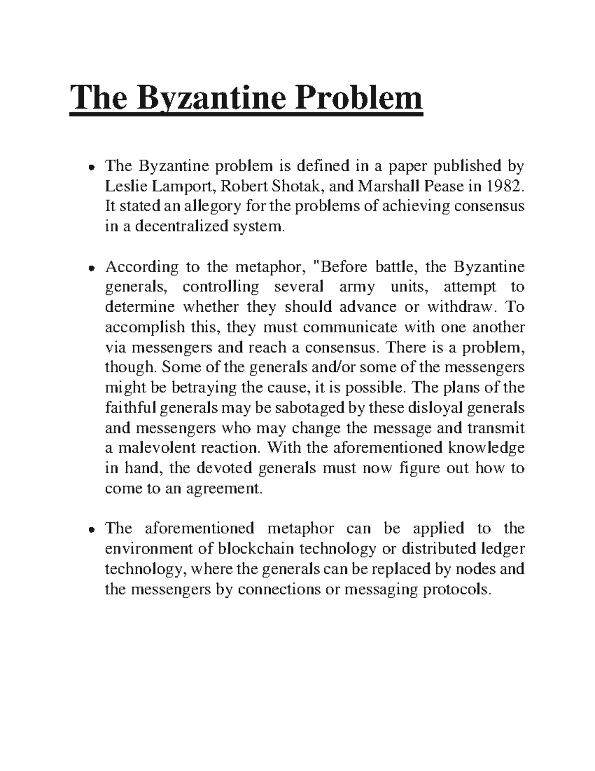 The Byzantine Problem in Blockchain - The Byzantine Problem The ...
