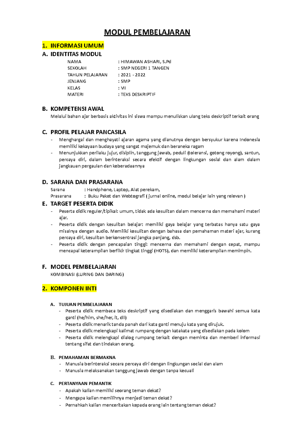 Modul AJAR 1 - MODUL PEMBELAJARAN 1. INFORMASI UMUM A. IDENTITAS MODUL ...