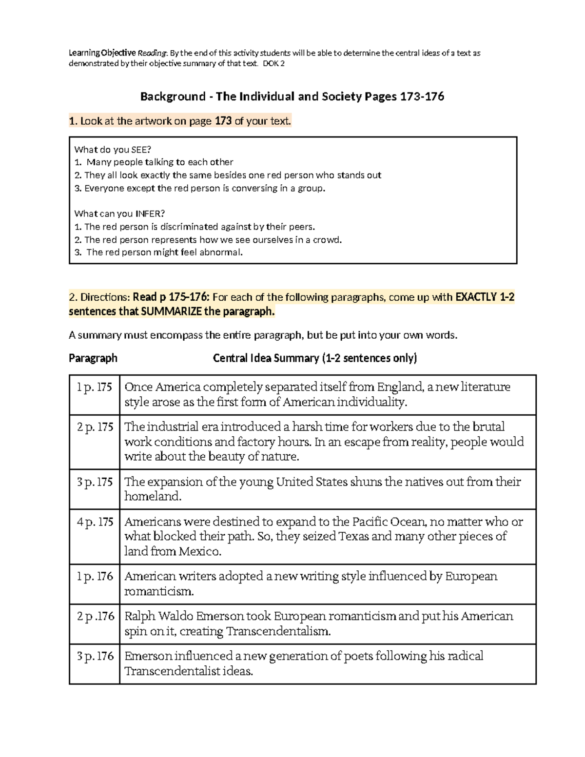 - Transcendentalist Background p173-176 2024 - Learning Objective ...