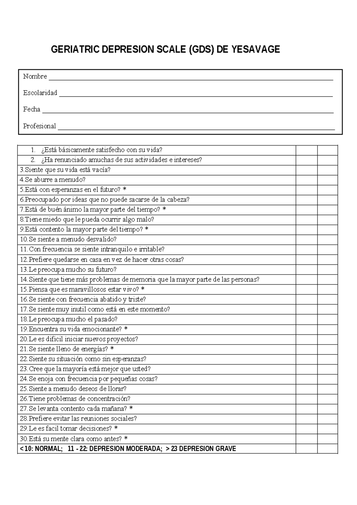 Pauta de evaluación Yesavage - GERIATRIC DEPRESION SCALE (GDS) DE ...