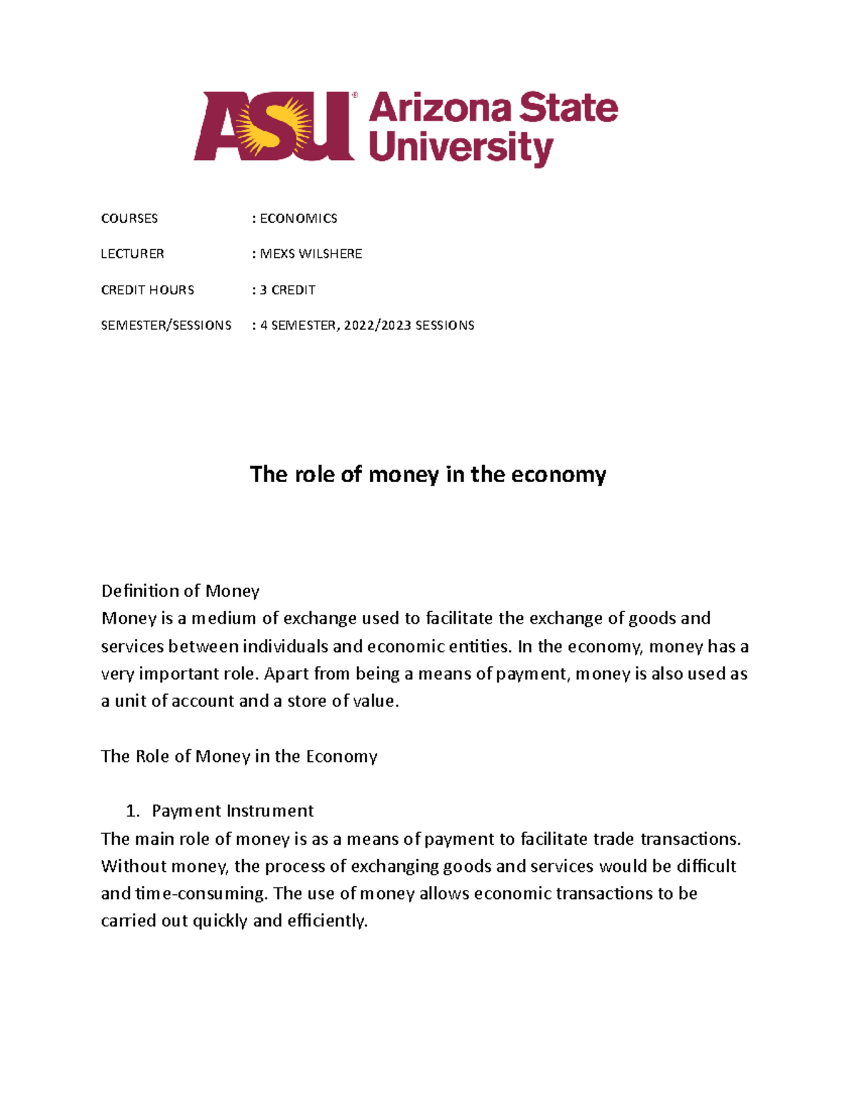The role of money in the economy - COURSES : ECONOMICS LECTURER : MEXS ...