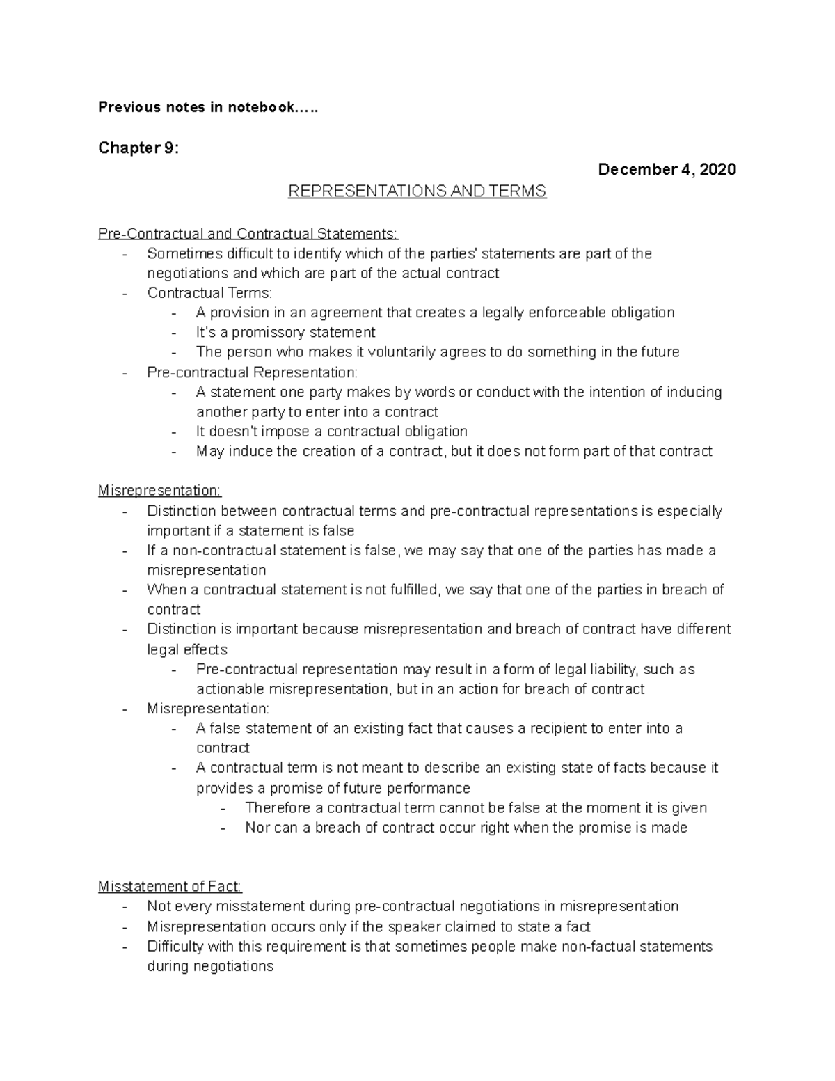 LAW Notes Chptr 9-12 - Previous notes in notebook..... Chapter 9 ...
