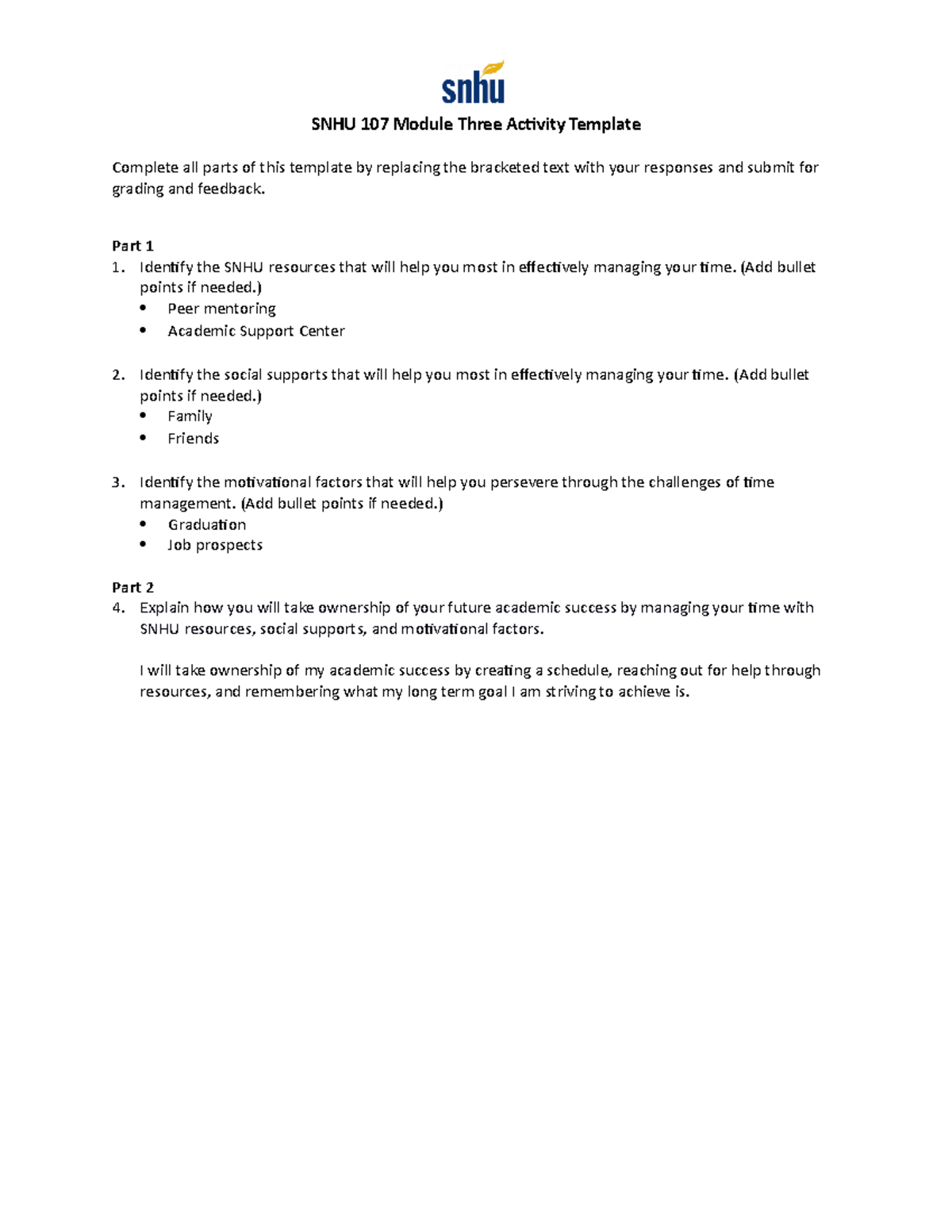 SNHU 107 Module Three Activity - Part 1 Identify the SNHU resources ...