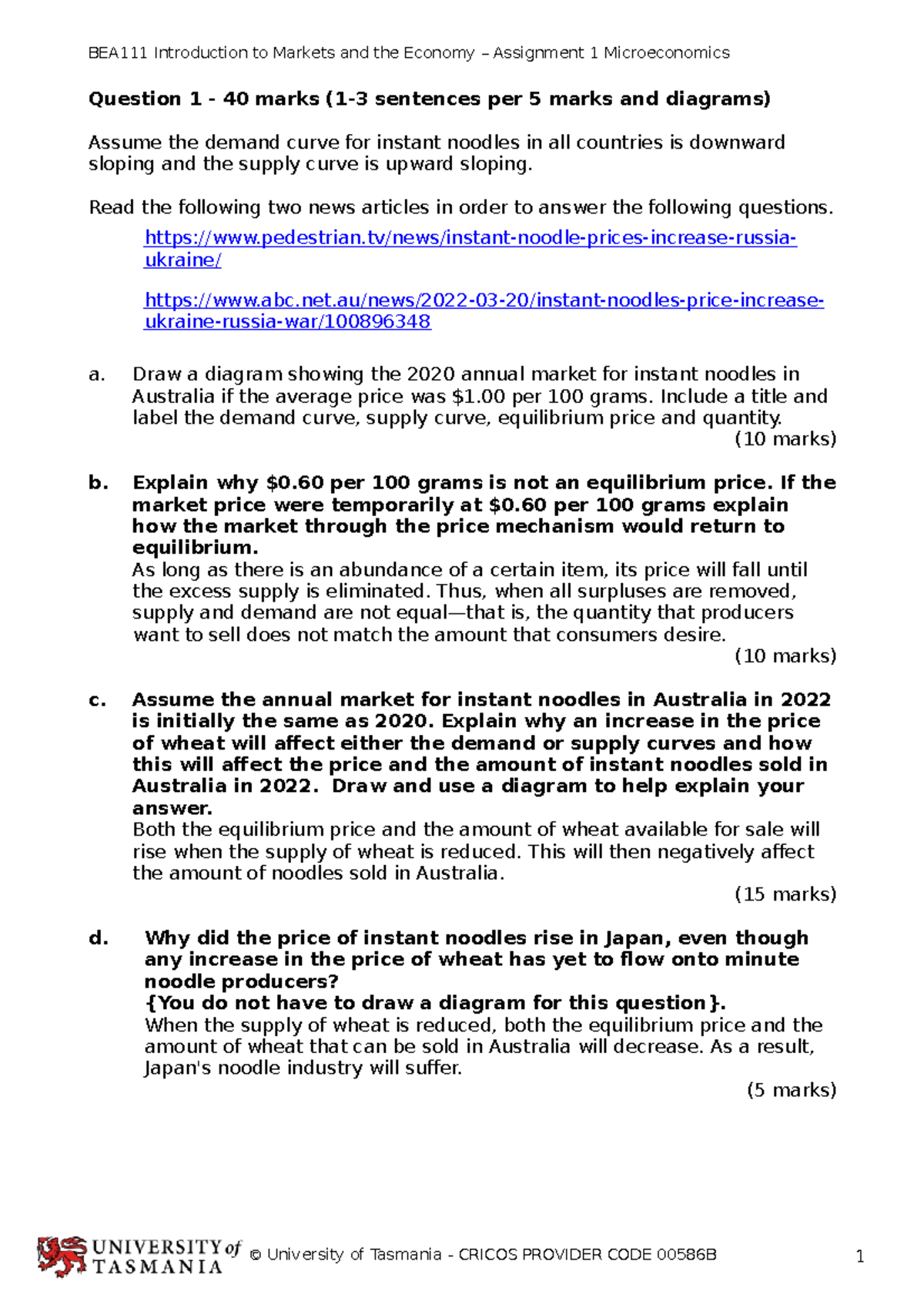 12447 BEA111 Assignment 1 Microeconomics 1 Copy - Question 1 - 40 marks (1-3 sentences per 5 ...