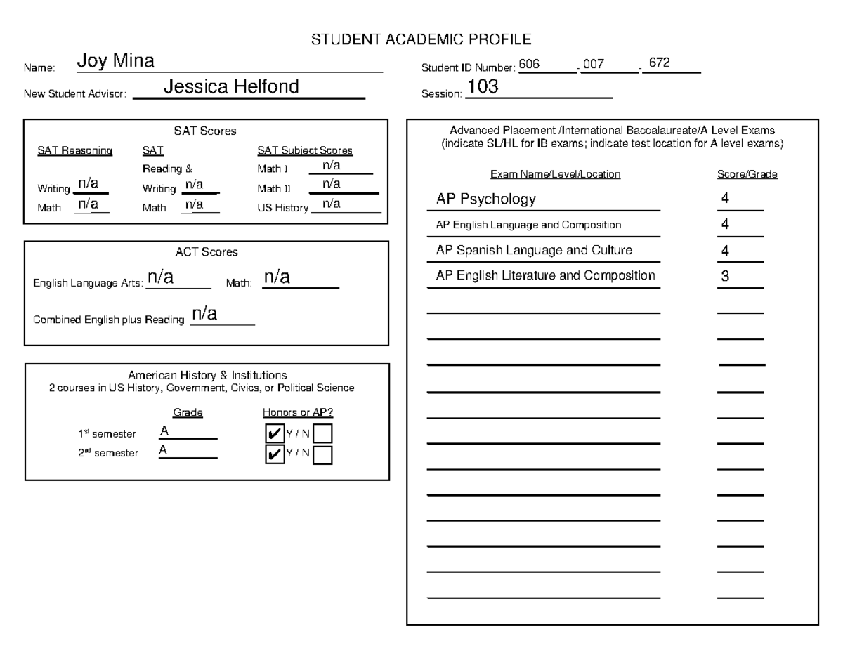 Academic Profile - STUDENT ACADEMIC PROFILE Name: Student ID Number ...