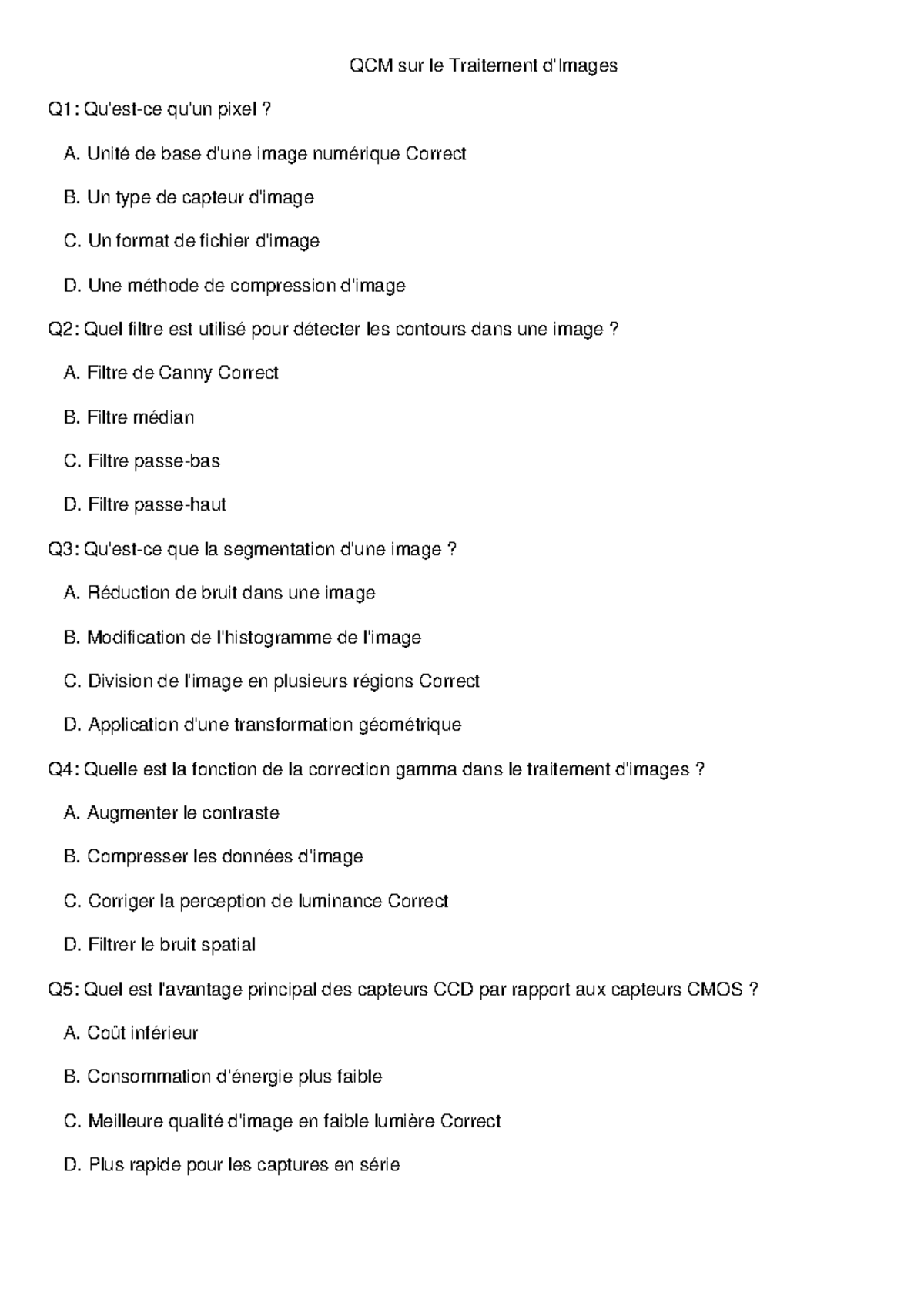 Generated QCM Traitement Images - QCM sur le Traitement d'Images Q1: Qu ...