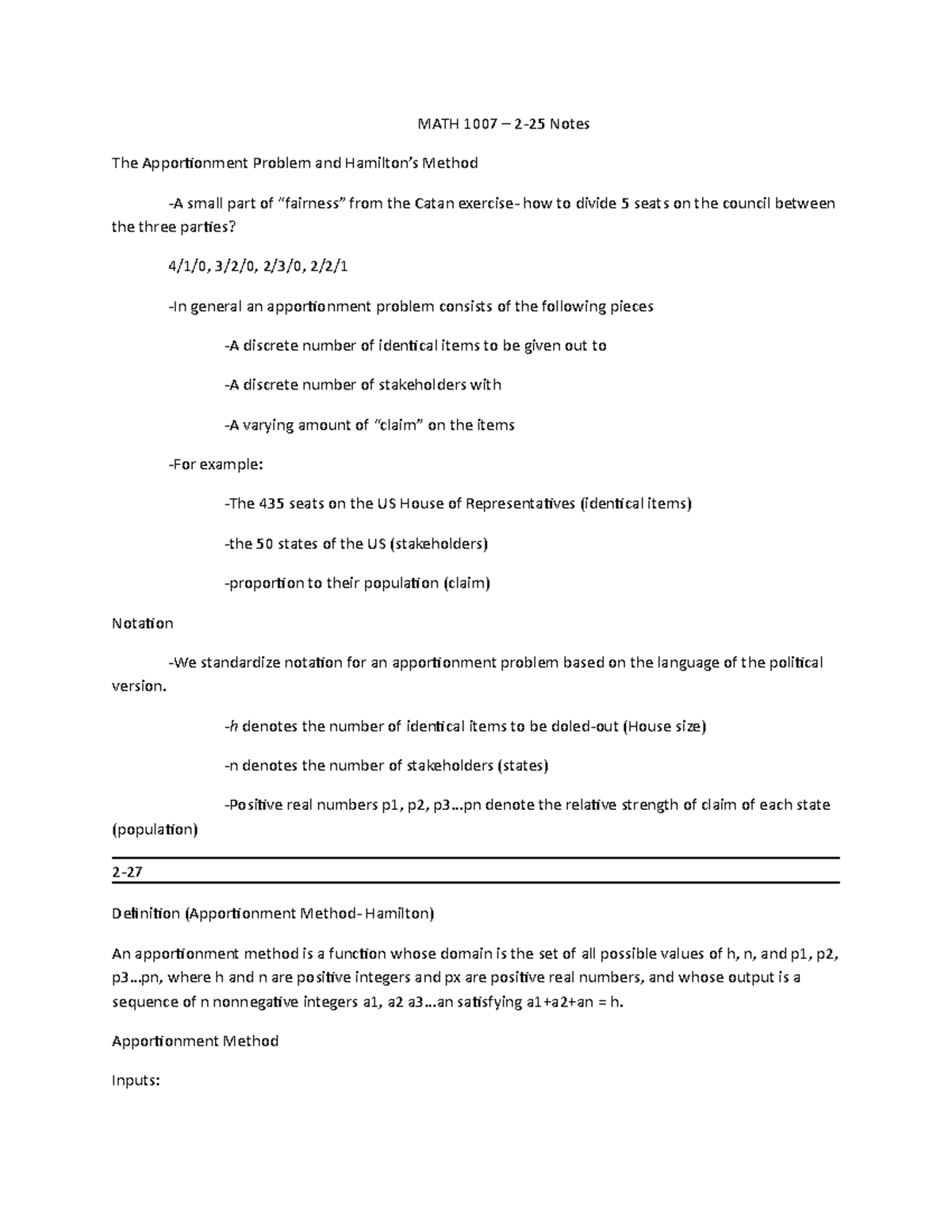 MATH 1007 2-25 Notes - MATH 1007 – 2-25 Notes The Apportionment Problem ...