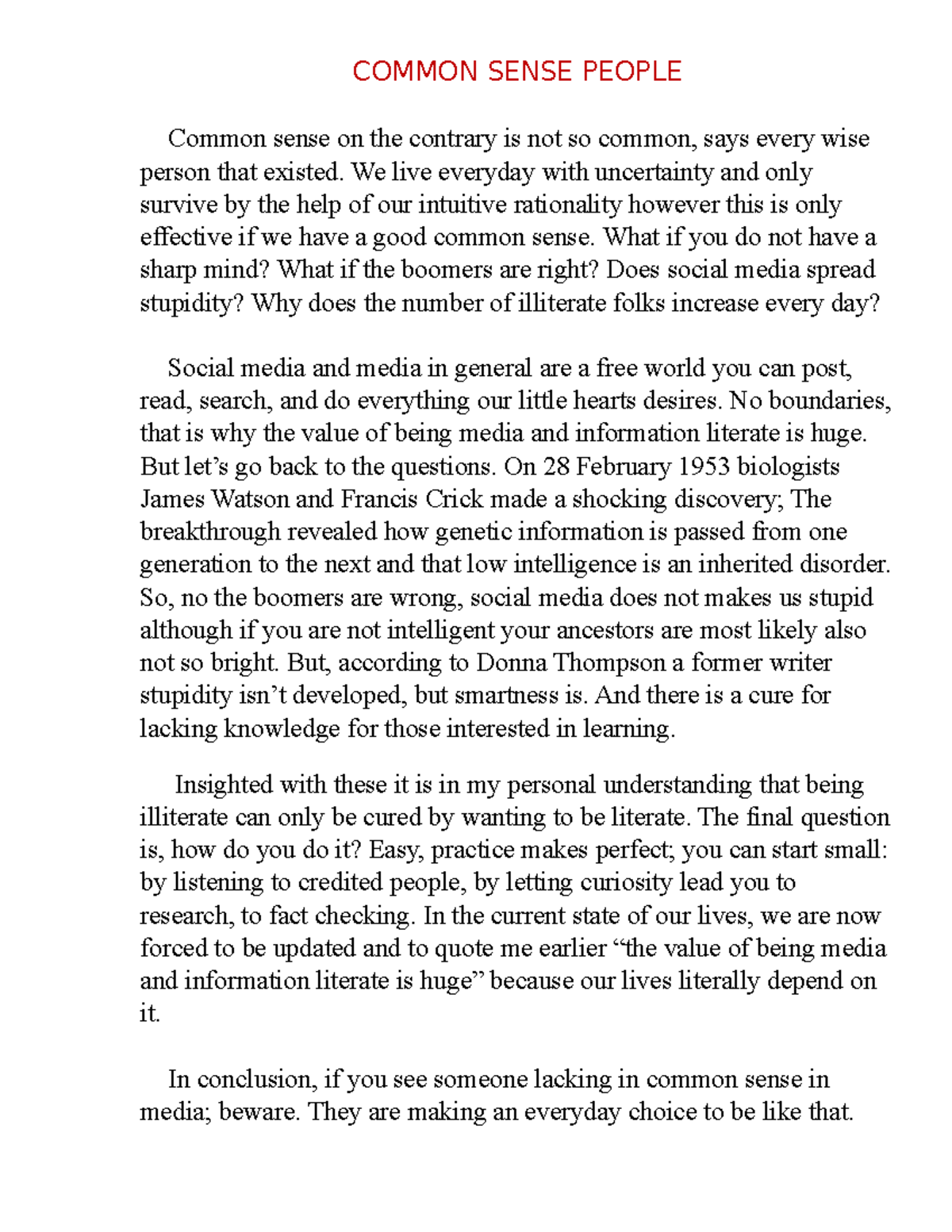 Common sense - self writing - COMMON SENSE PEOPLE Common sense on the ...