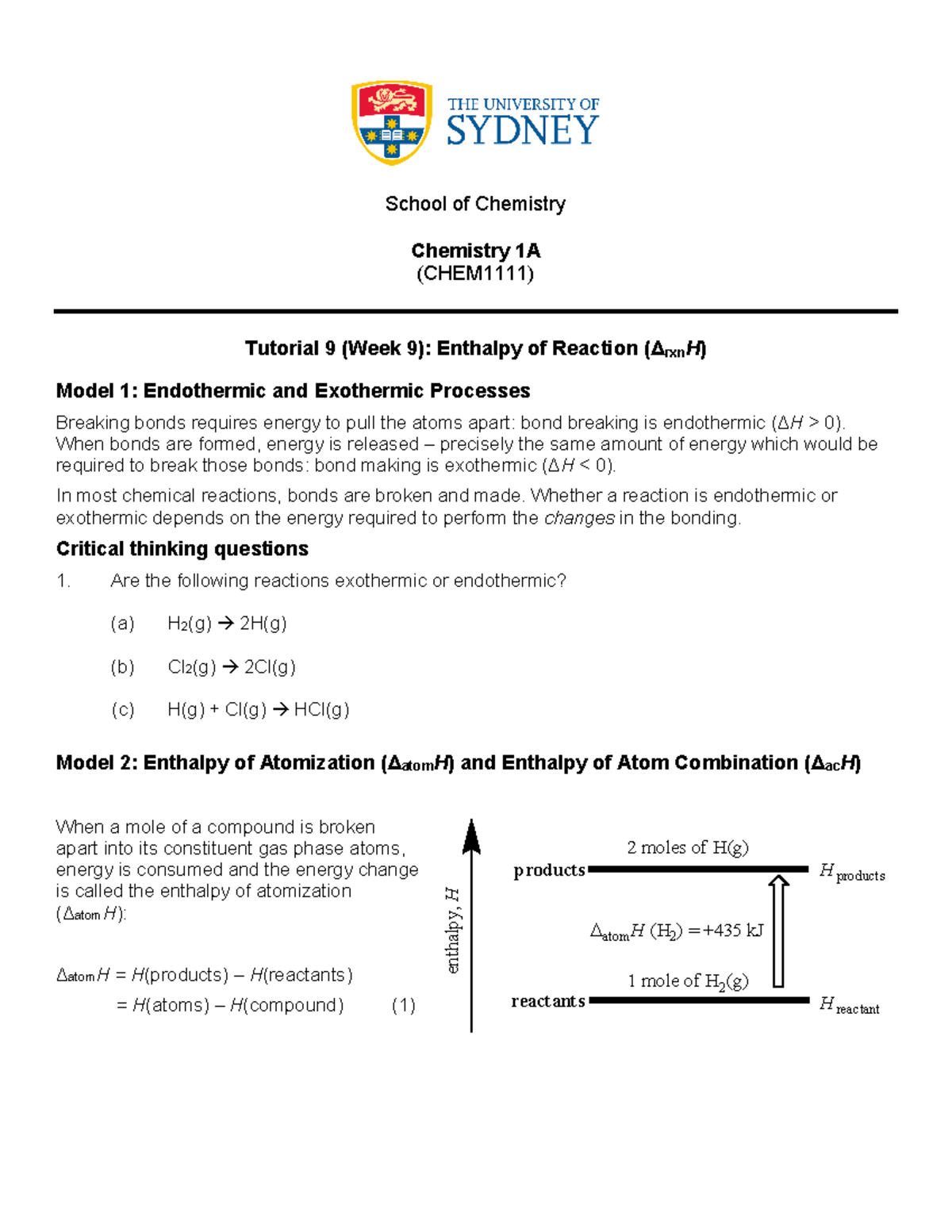 Tutorial 09 - School of Chemistry Chemistry 1A (CHEM1111) Tutorial 9 ...