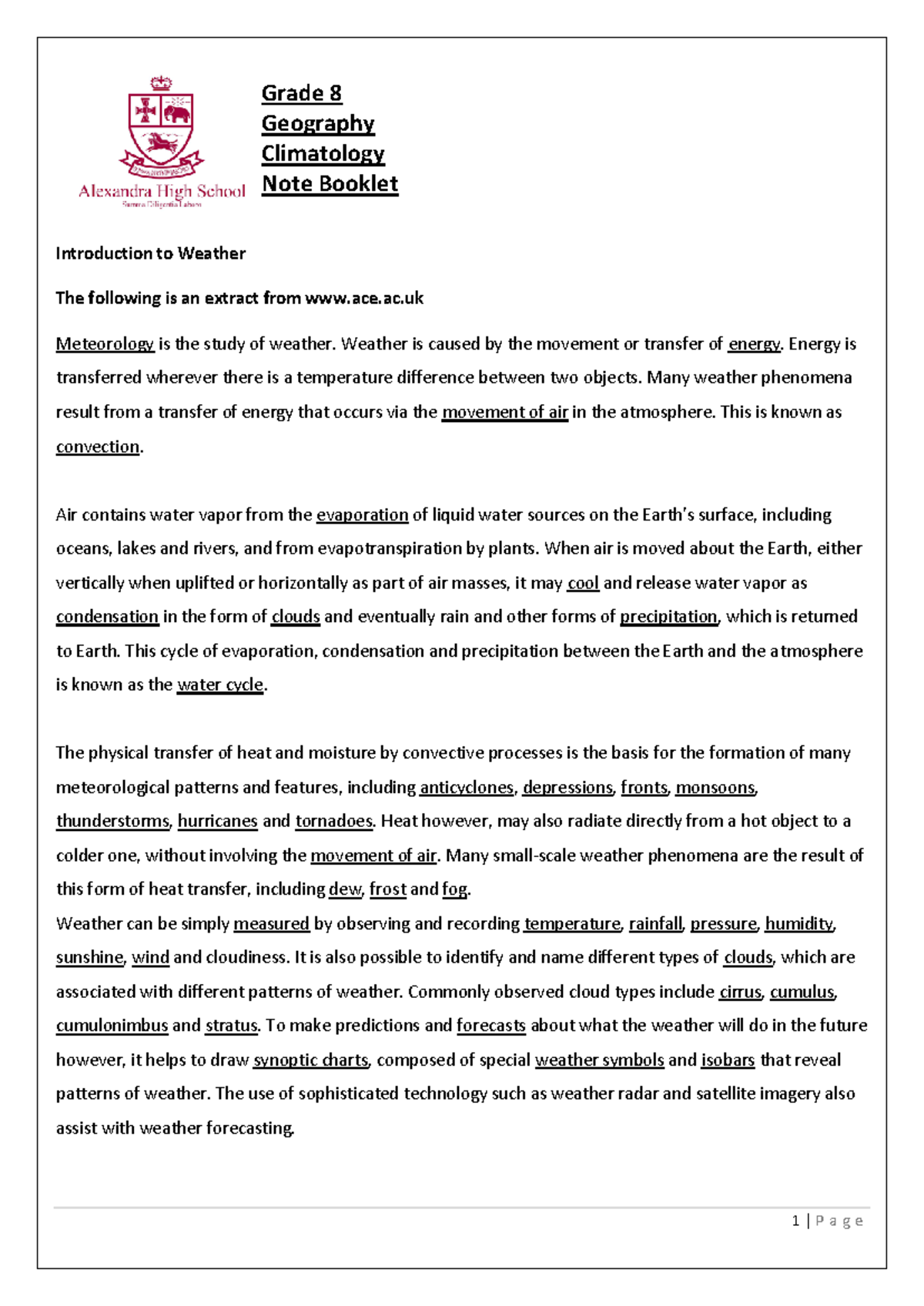 Climatology Notes Alexandra High School PDF - Grade 8 Geography ...
