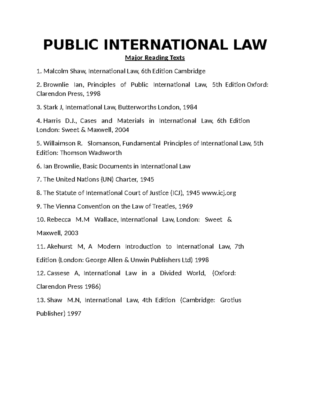 Public International LAW Reading List - PUBLIC INTERNATIONAL LAW Major ...