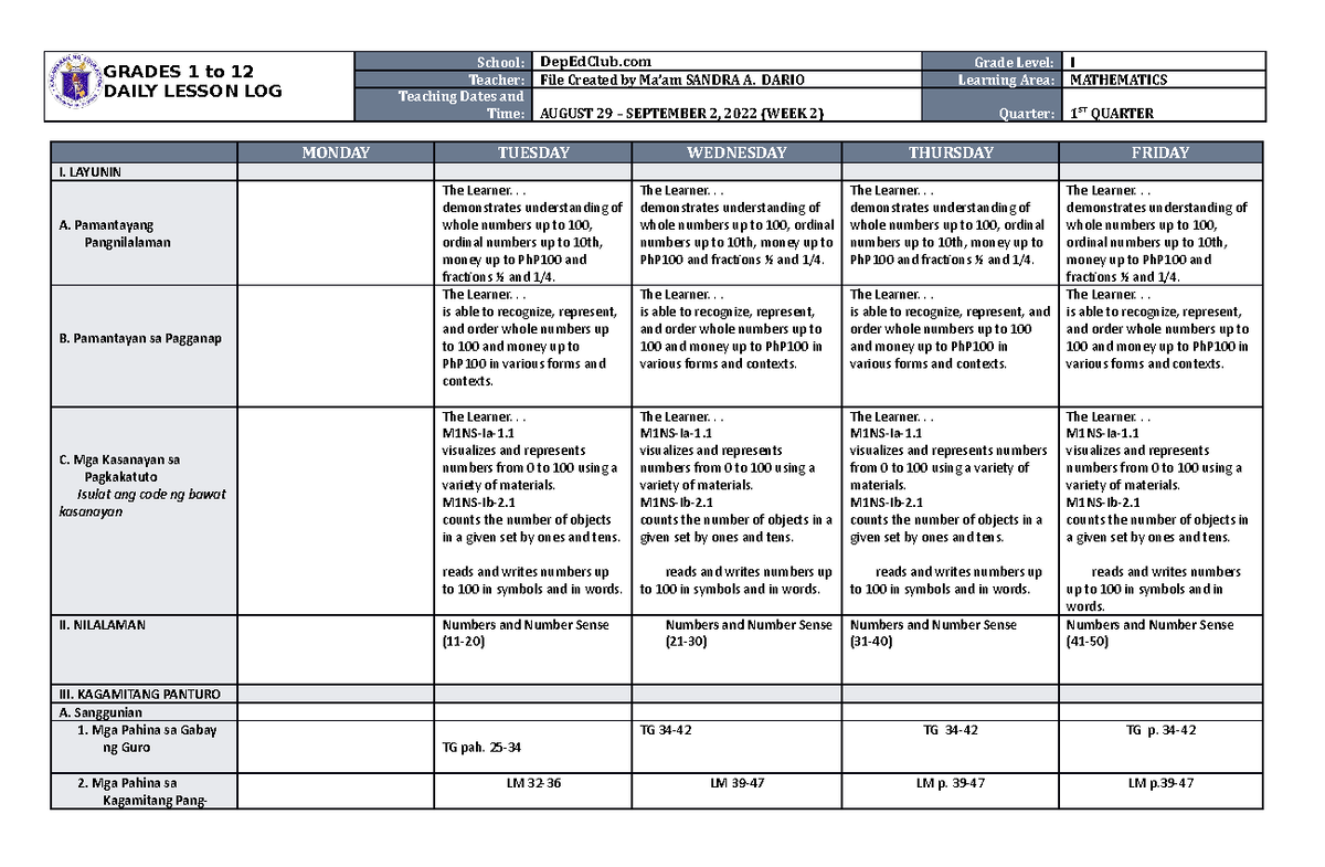 DLL Mathematics 1 Q1 W2 - wala - GRADES 1 to 12 DAILY LESSON LOG School ...