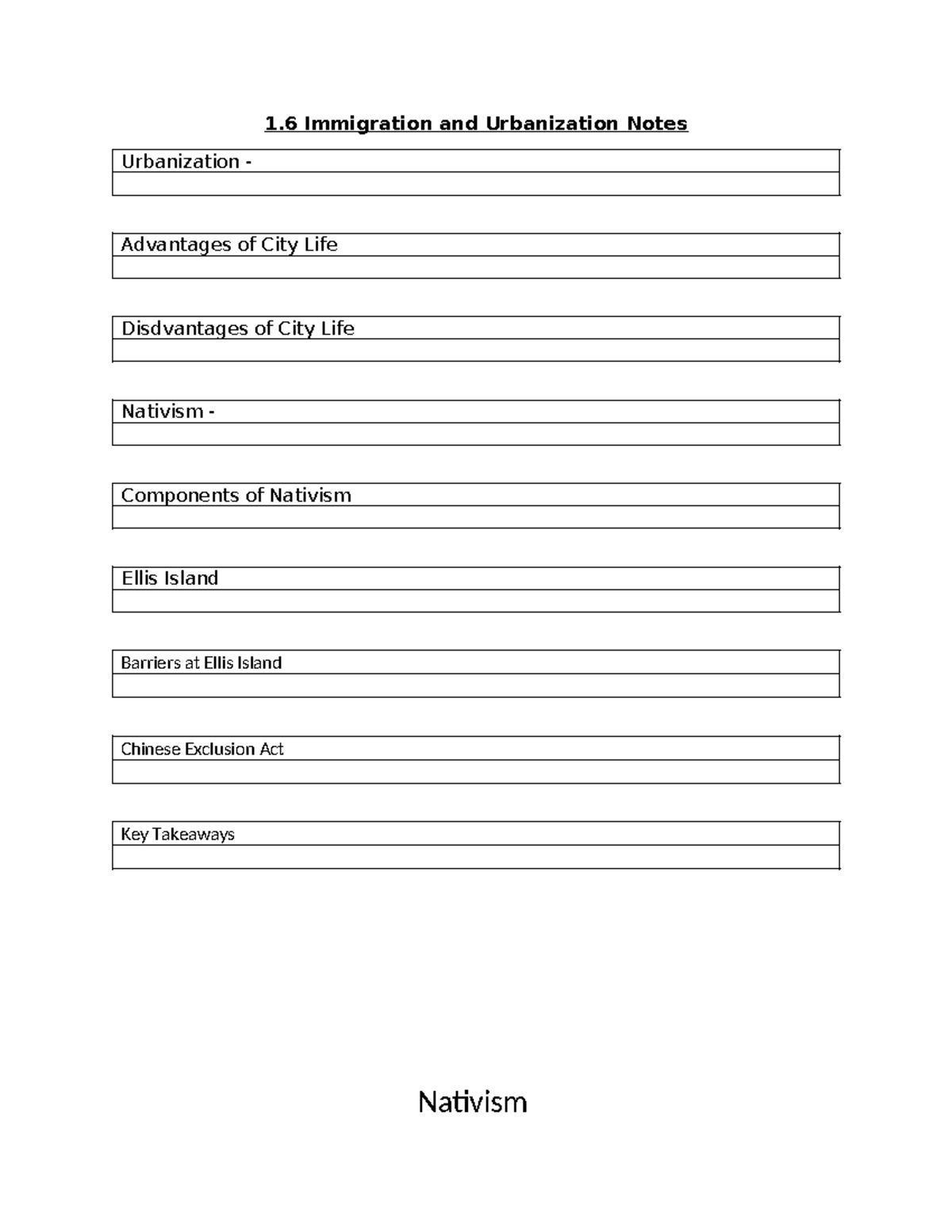 1.6 - Immigration and Urbanization Notes - 1 Immigration and ...