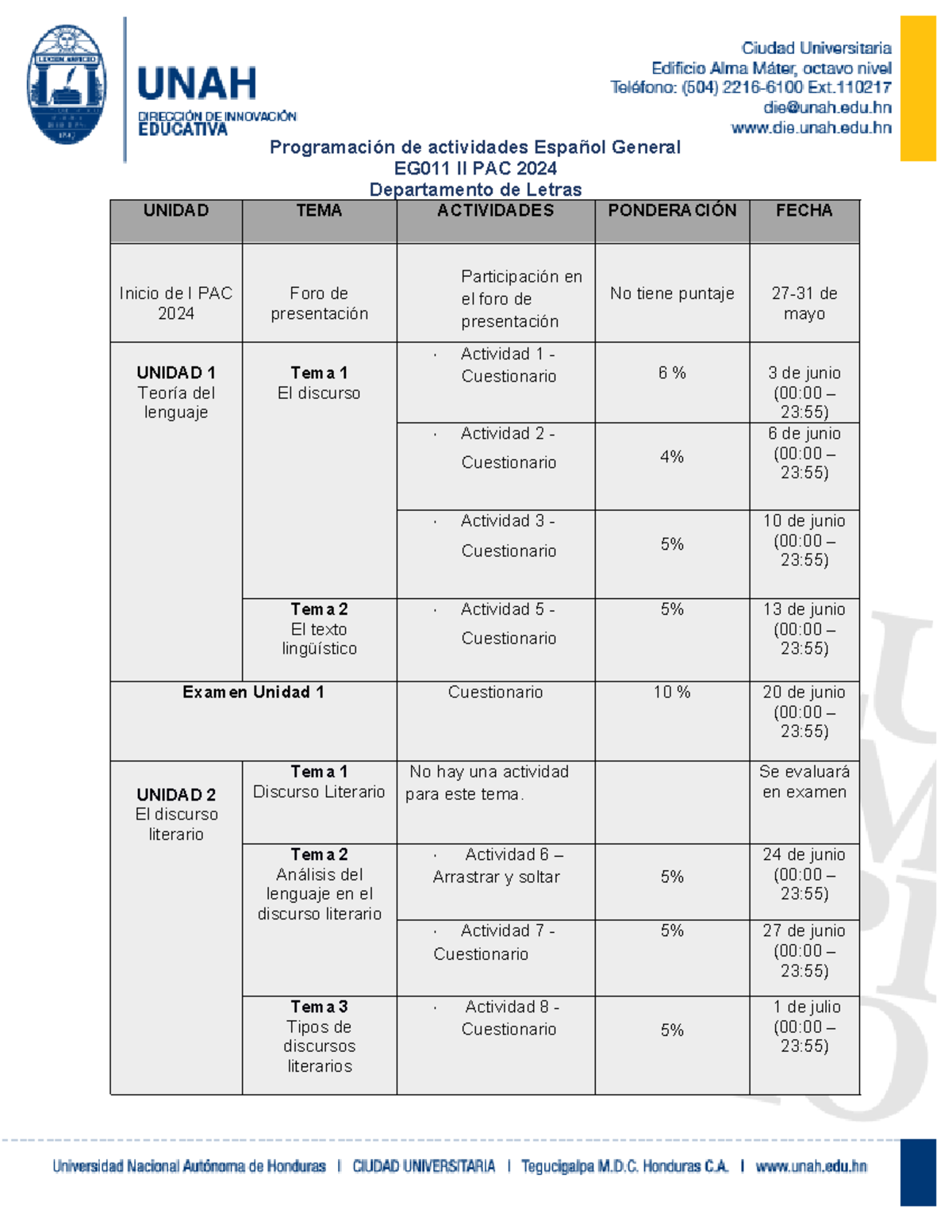 Programación de actividades EG011 II PAC 2024 - Programación de actividades Español General ...