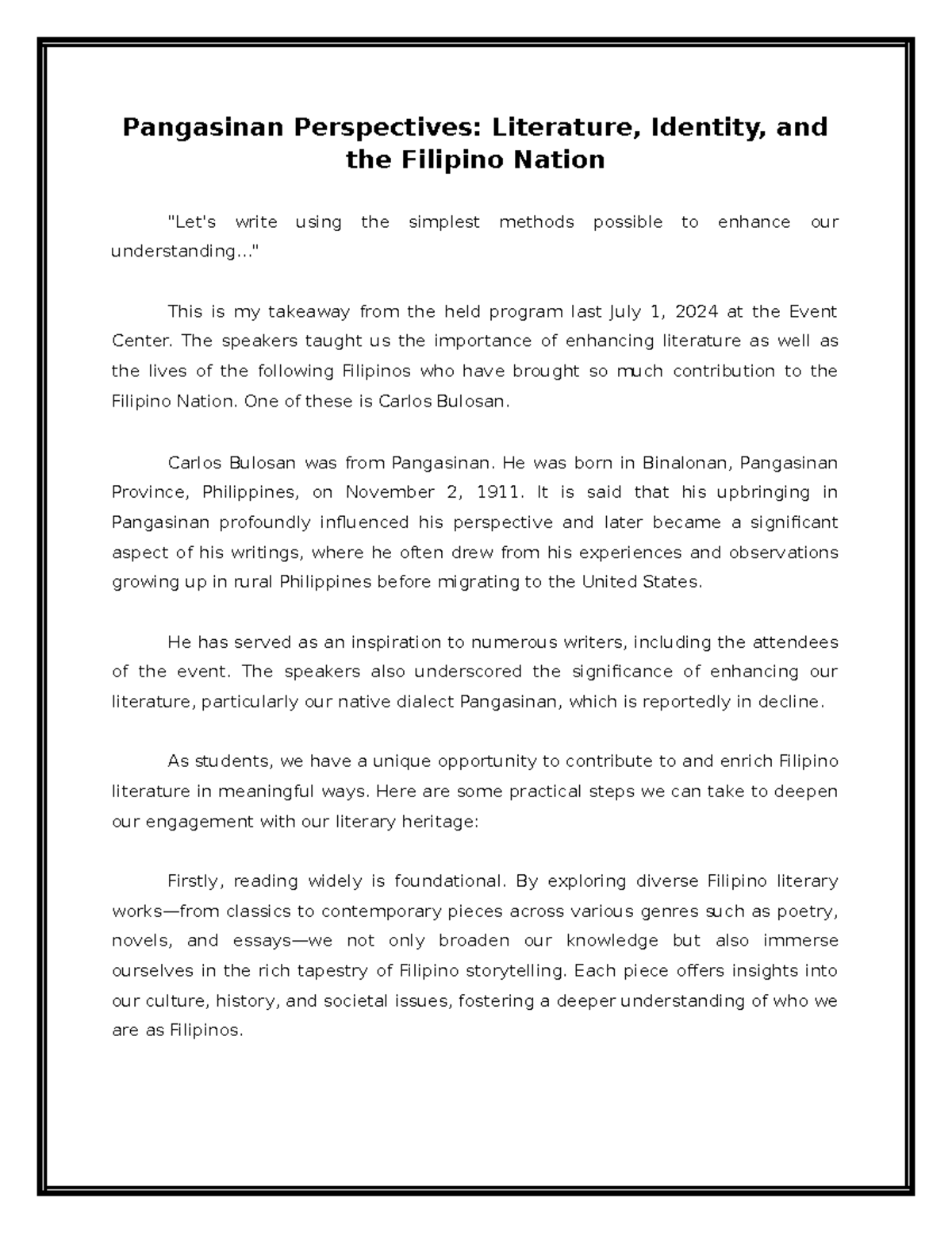 - Literature Reflection Paper - Pangasinan Perspectives: Literature ...