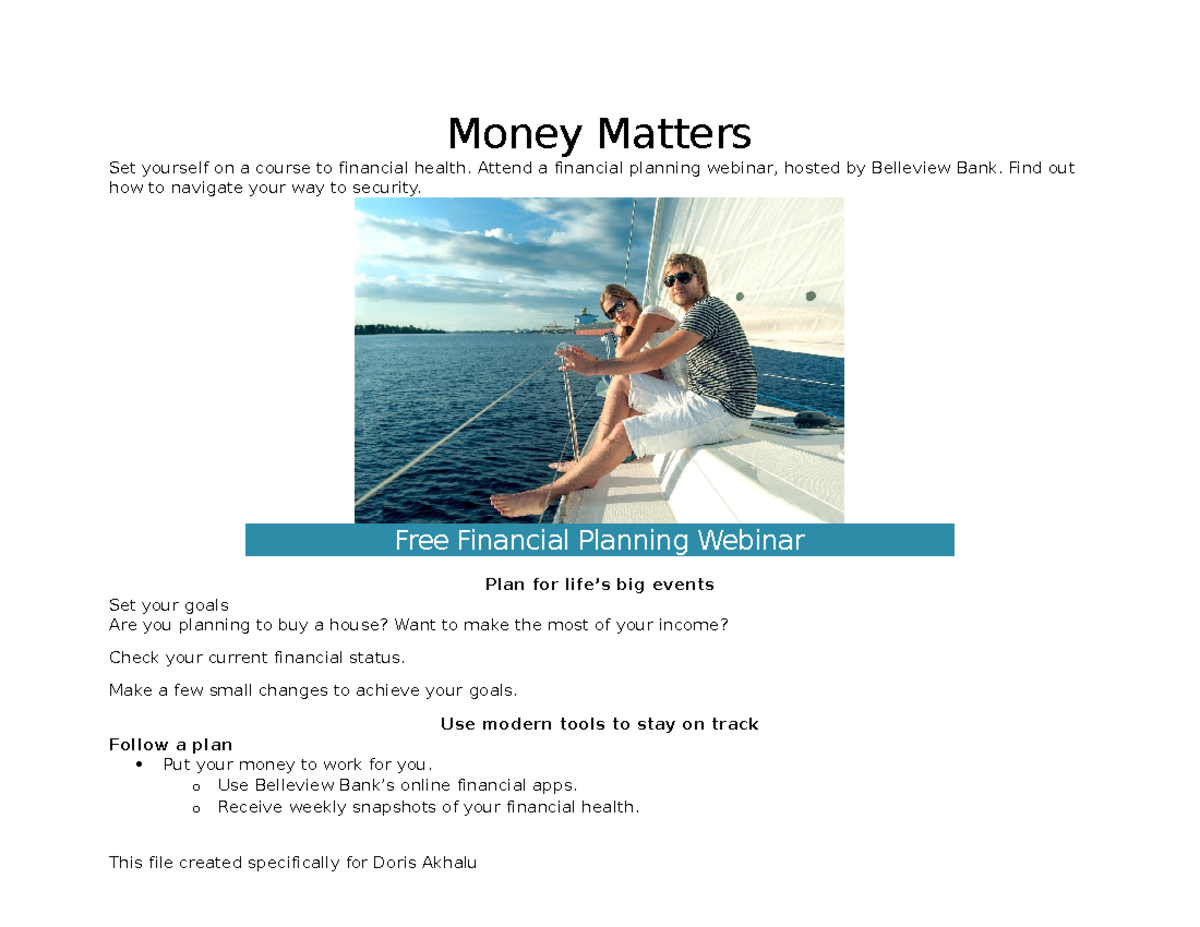 NP WD19 1b Doris Akhalu 1 - Money Matters Set yourself on a course to ...