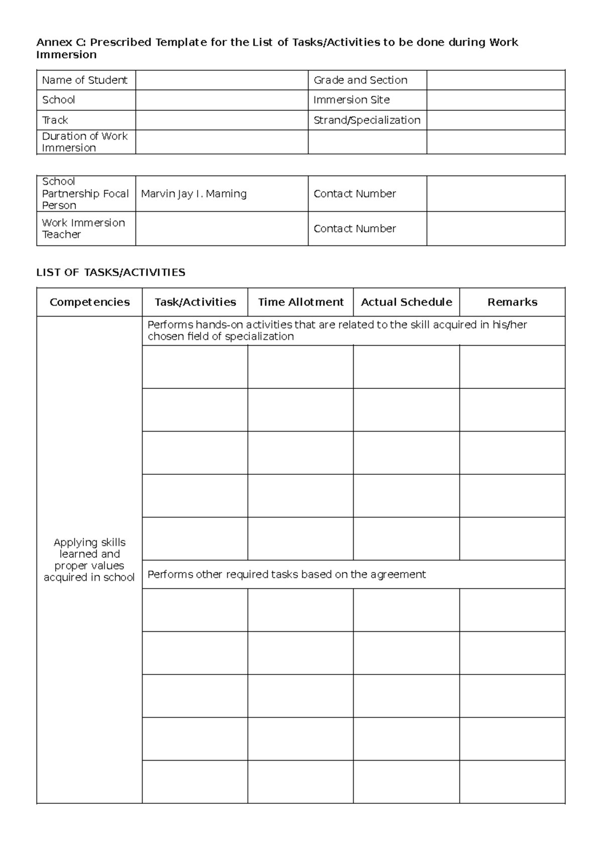 Annex-C - Sample Annex C for Work Immersion - Annex C: Prescribed ...