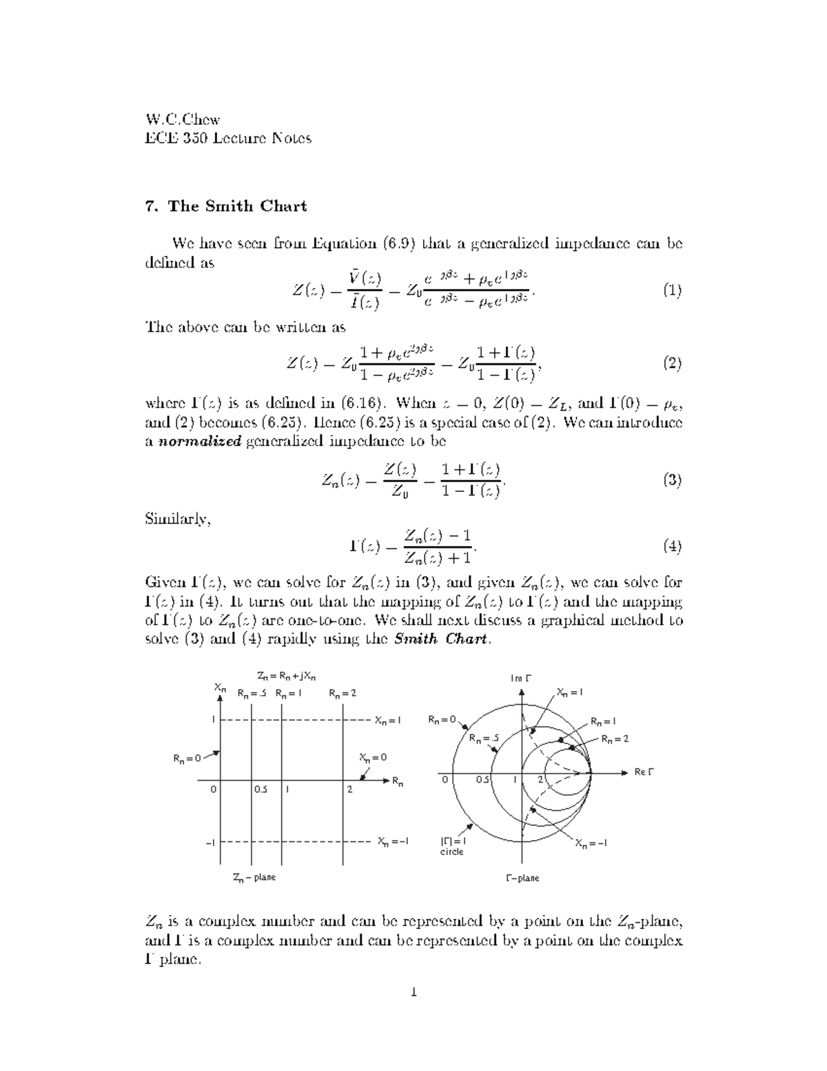2019 2020 Lecture 7 W C Chew Ece Lecture Notes The Smith Chart We 8302