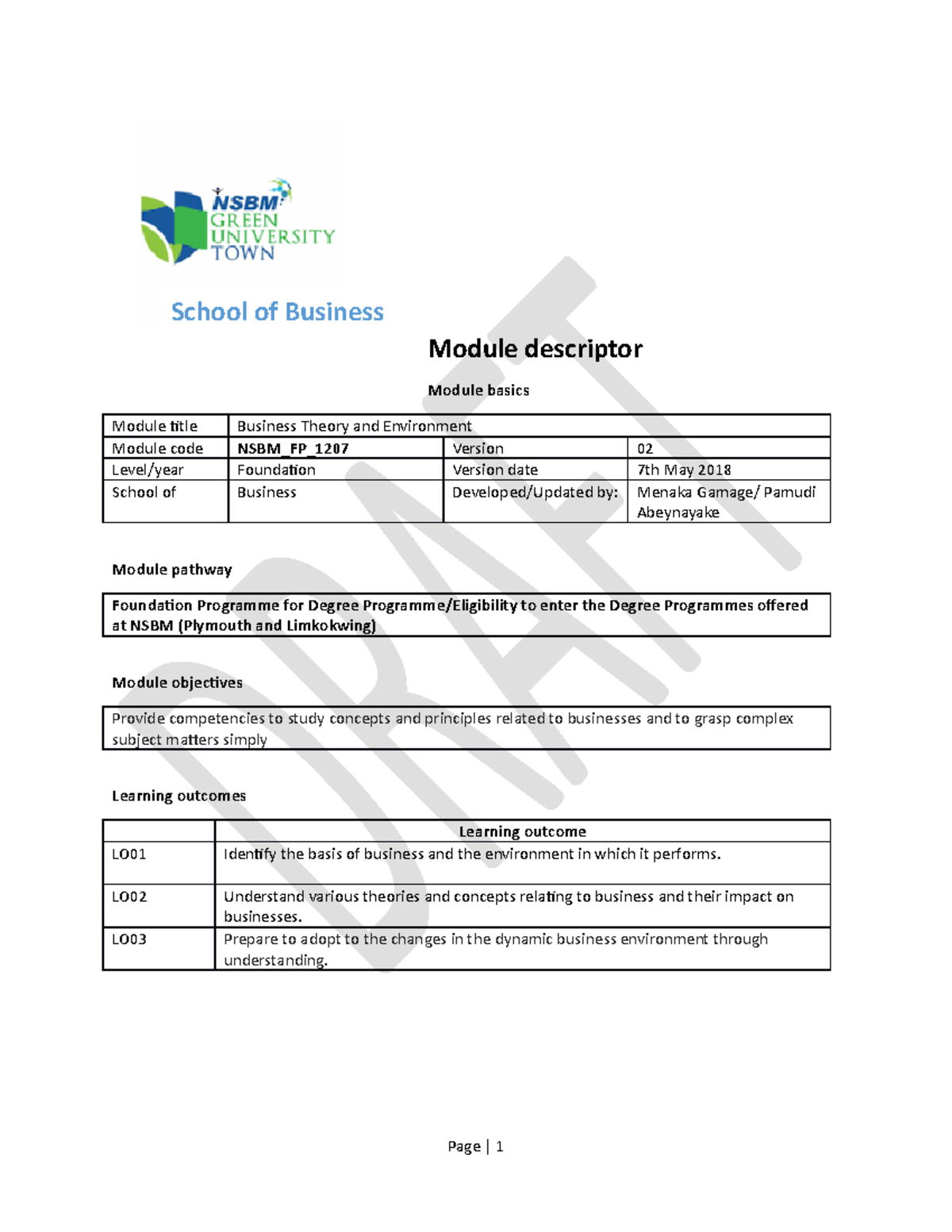 FP 1207 Business Theory Environment MD 06 - Module descriptor Module ...