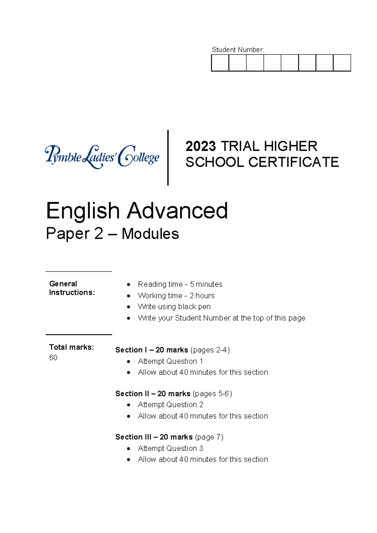 HSC Pymble Advanced Paper 2 - Student Number: English Advanced Paper 2 ...