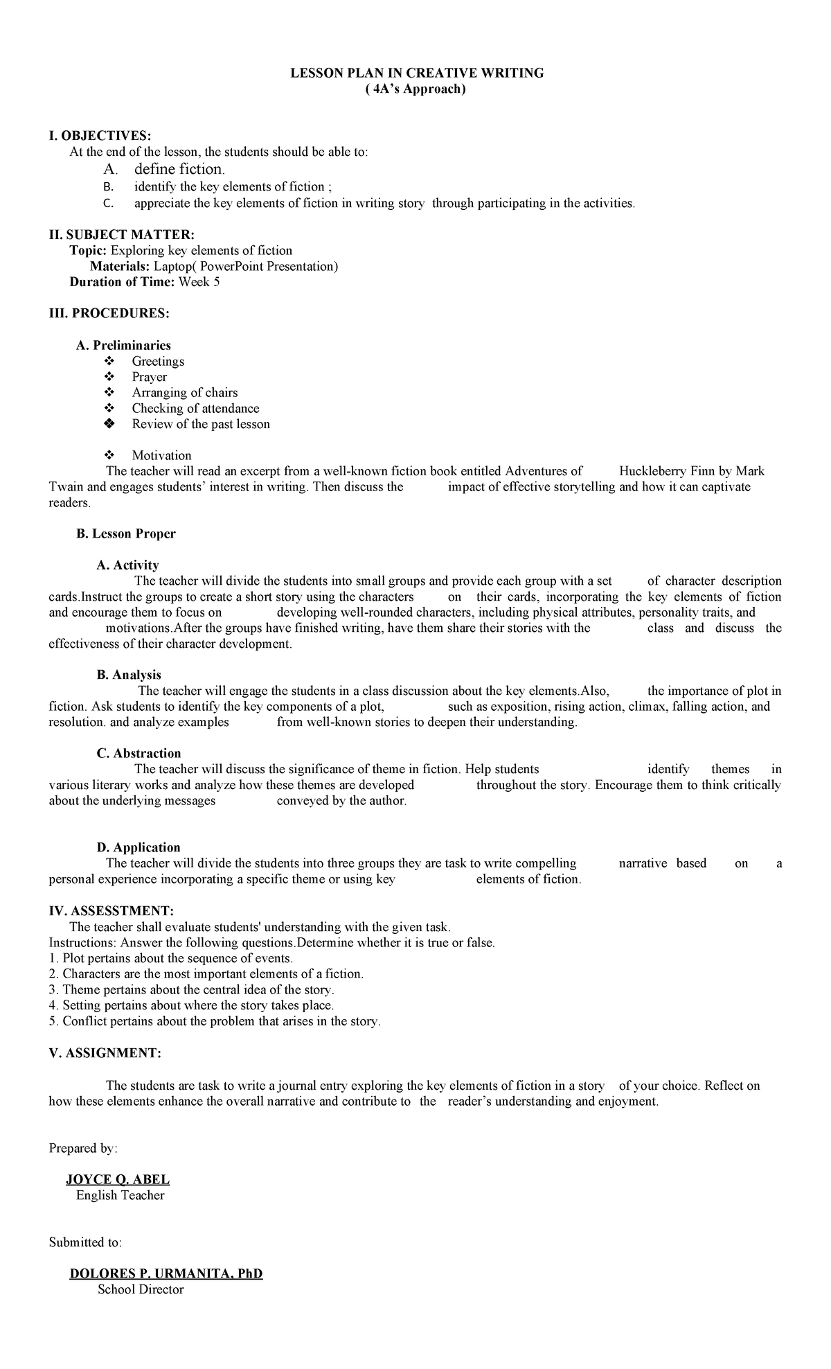 Lesson PLAN IN Creative W- W5 - LESSON PLAN IN CREATIVE WRITING ( 4A’s ...