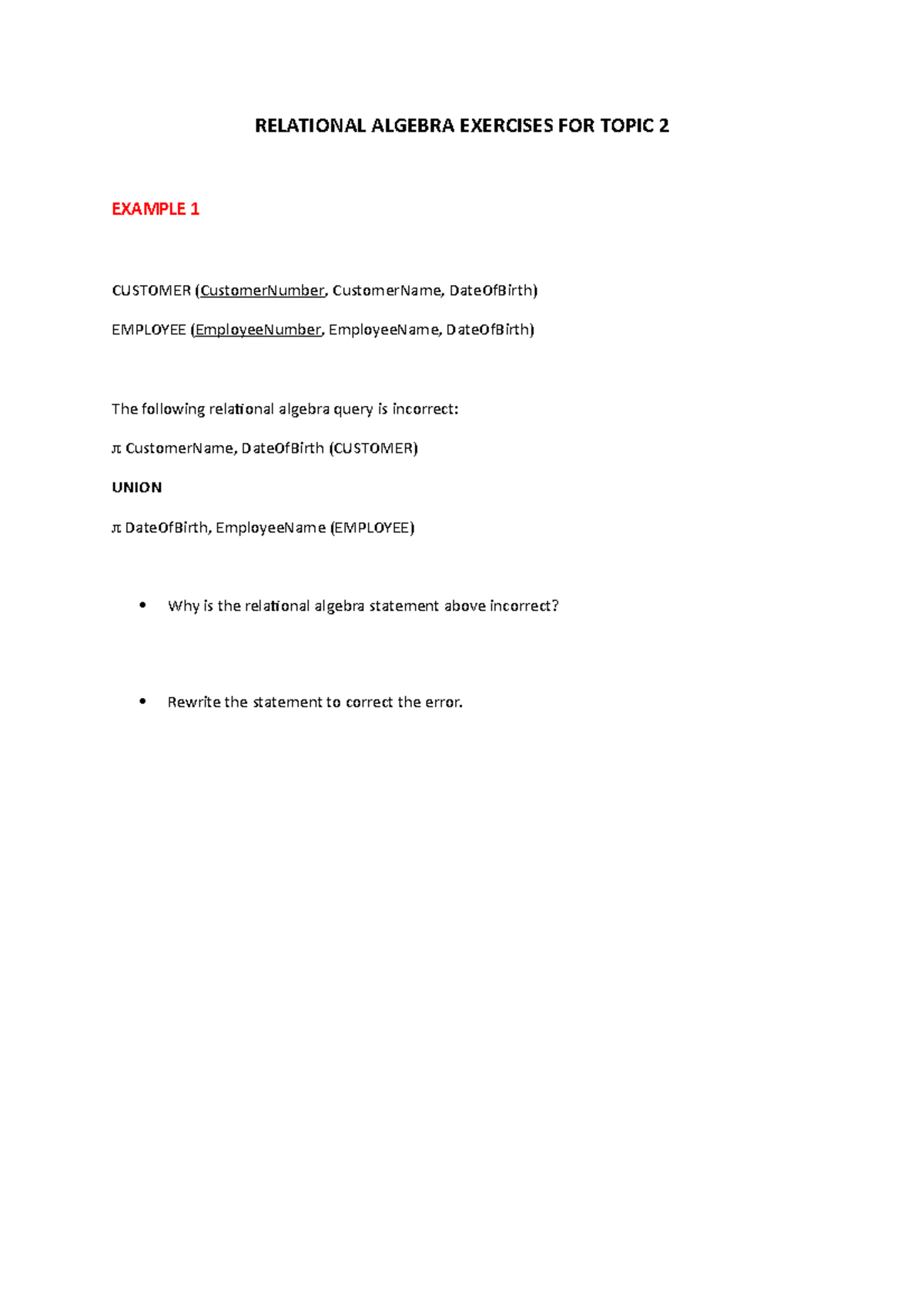 Topic 2 Relational Algebra Examples - RELATIONAL ALGEBRA EXERCISES FOR TOPIC 2 EXAMPLE 1 ...