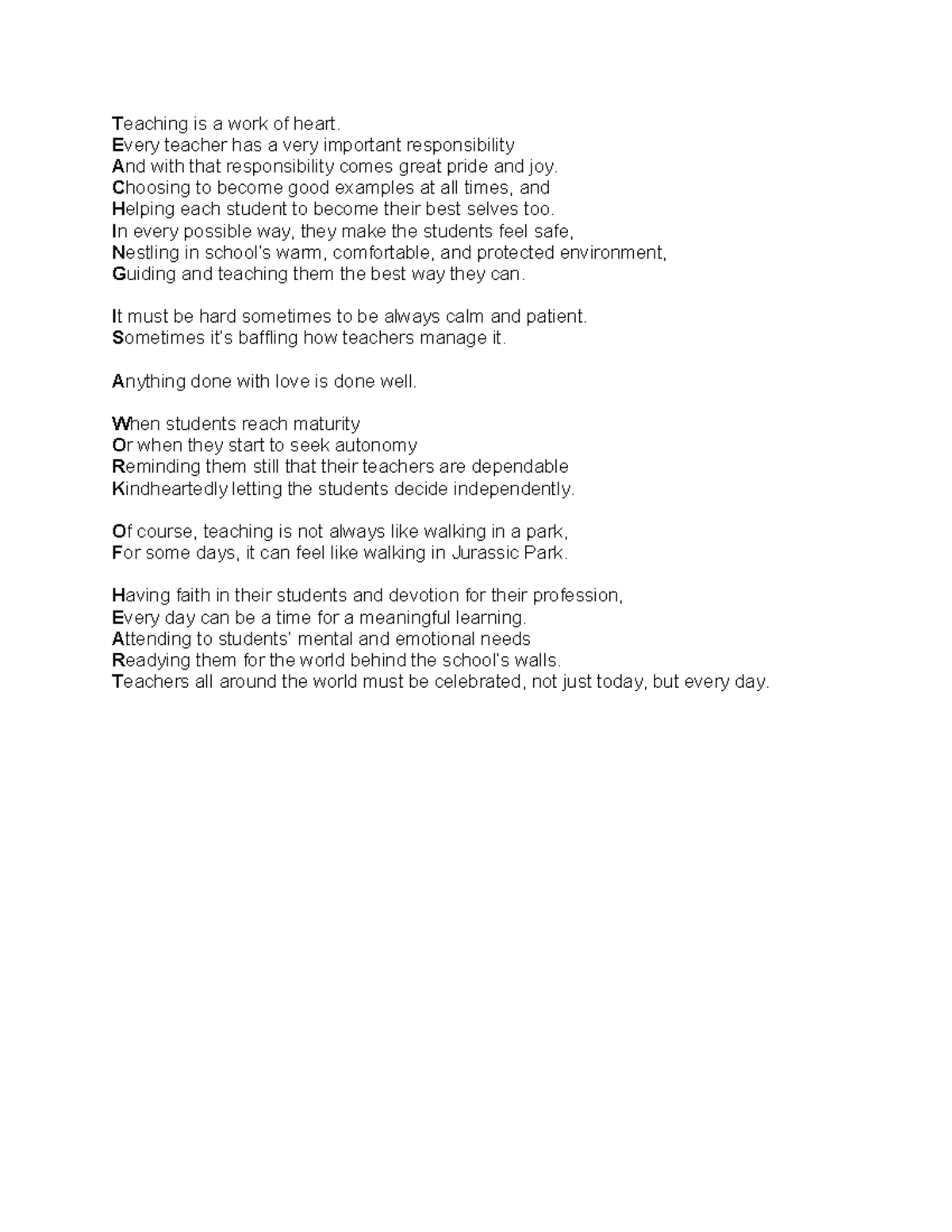 Teachers' DAY POEM - Teaching is a work of heart. Every teacher has a ...