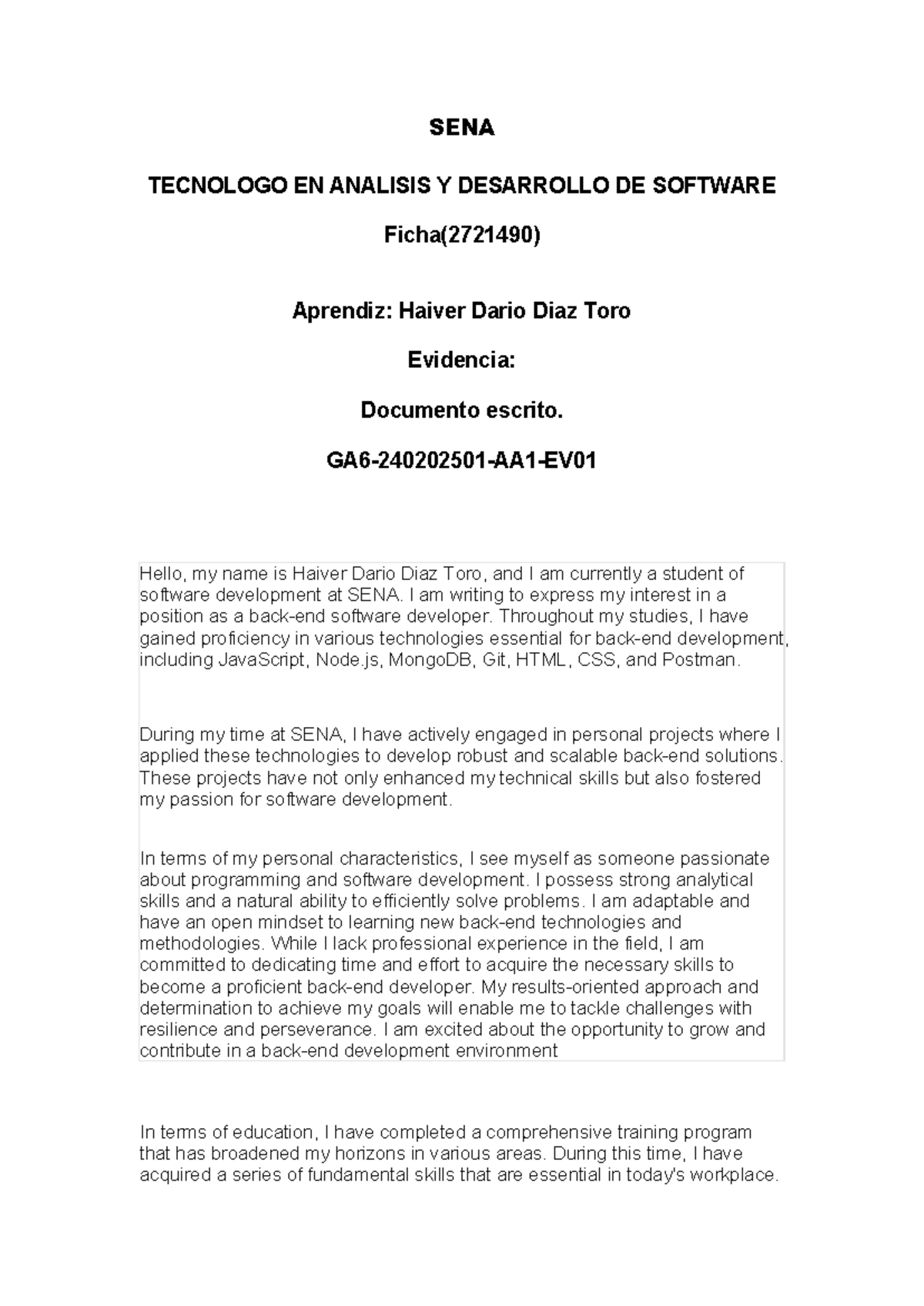 Evidencia Documento Escrito Ingles - SENA TECNOLOGO EN ANALISIS Y DESARROLLO DE SOFTWARE - Studocu