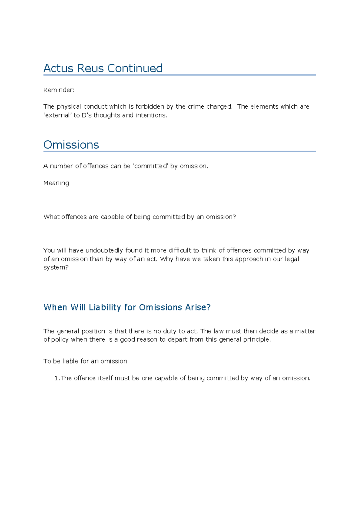 Lecture Outline in contract law - Actus Reus Continued Reminder: The ...