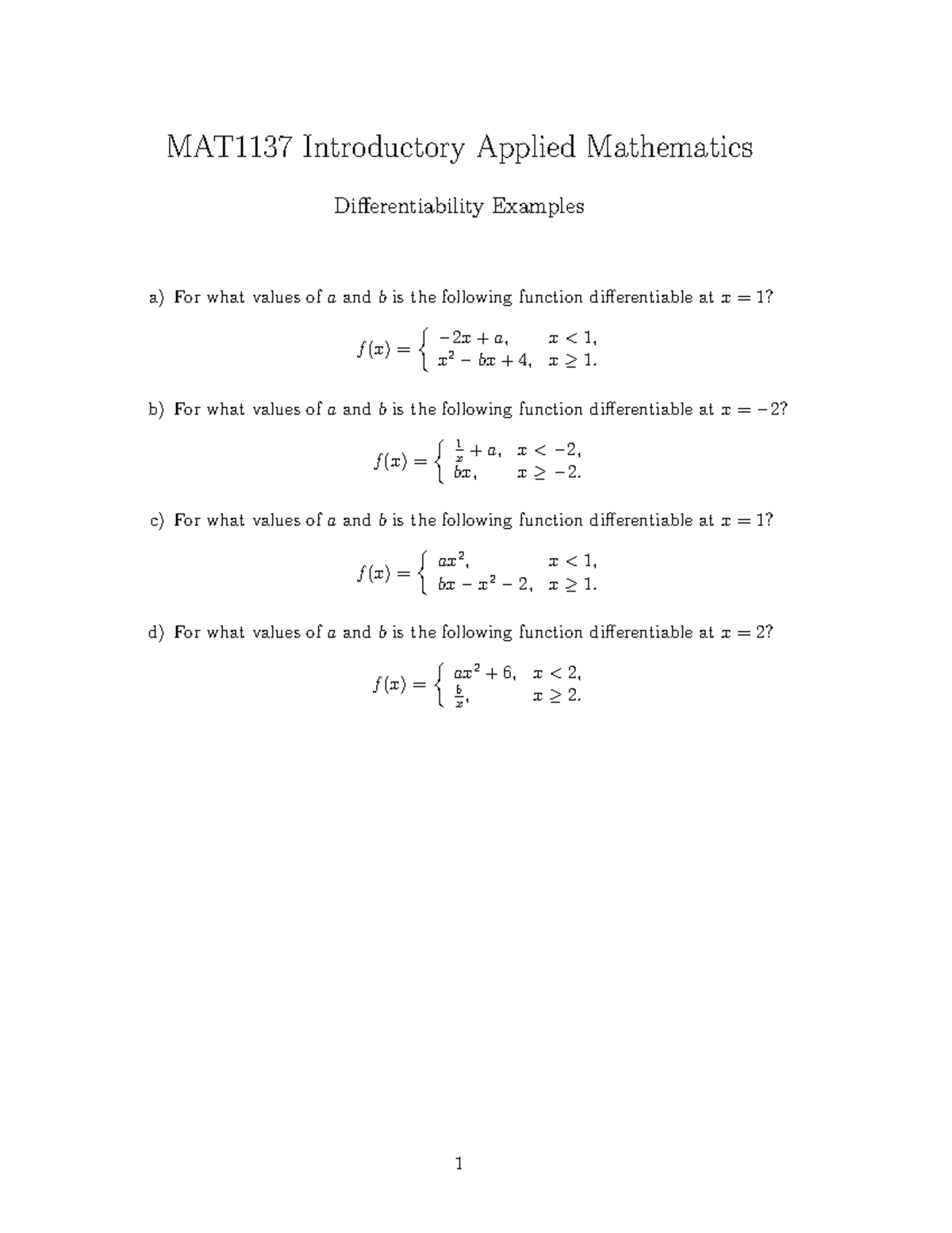 Differentiability Examples MAT1137 B For What Values Of A And B Is