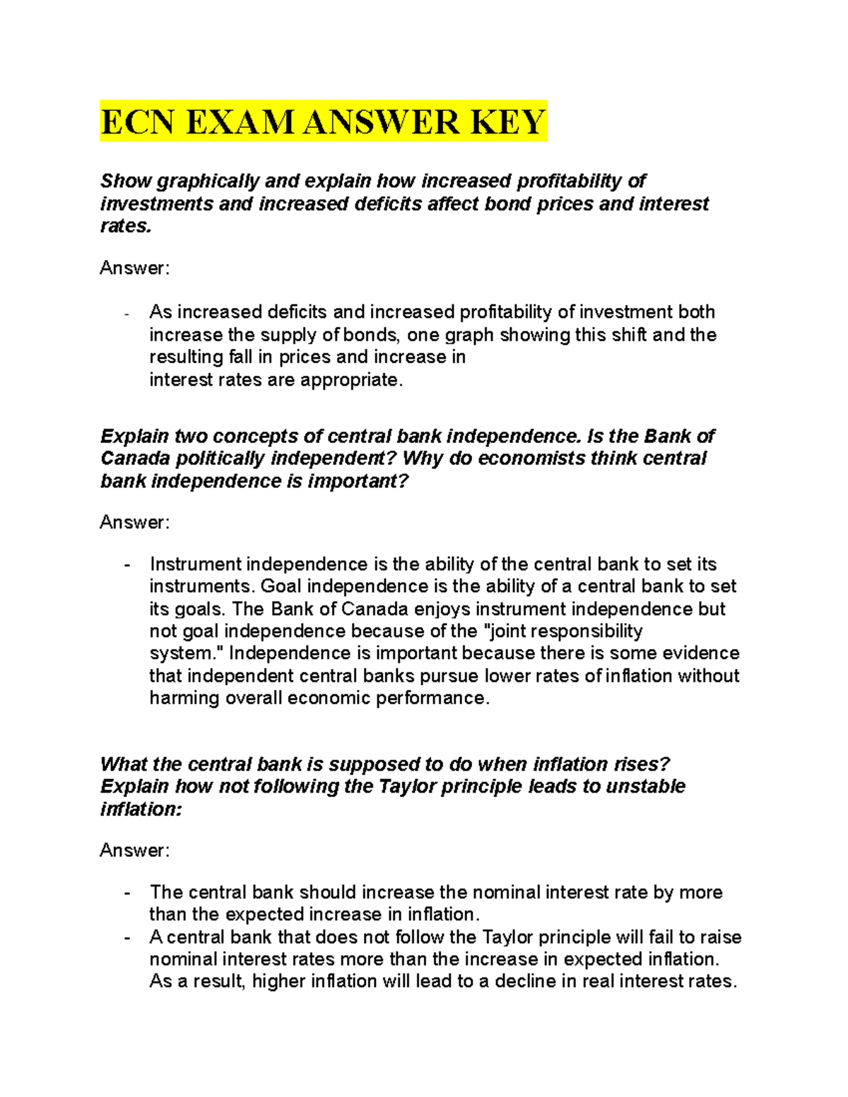 ECN EXAM Answer KEY MIDTERM - ECN EXAM ANSWER KEY Show graphically and ...