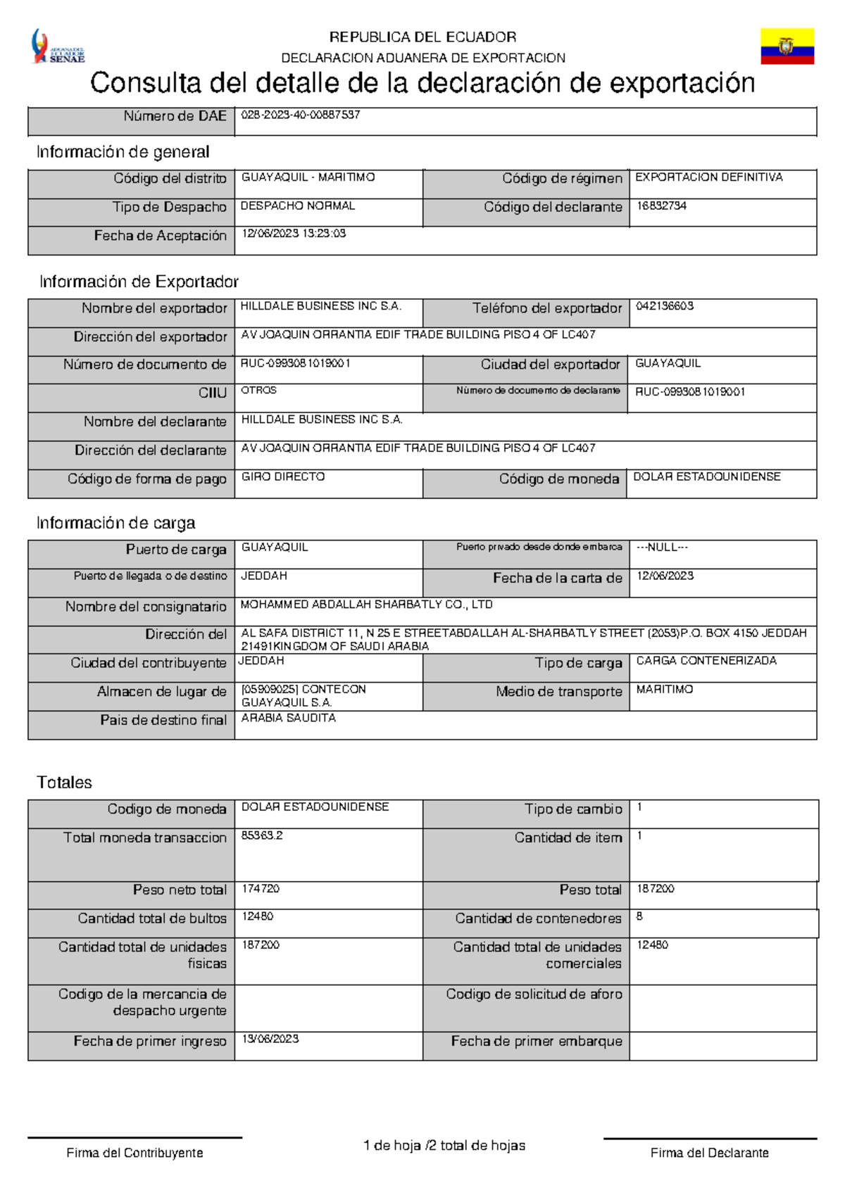 686 A - matematicas - DECLARACION ADUANERA DE EXPORTACION REPUBLICA DEL ...