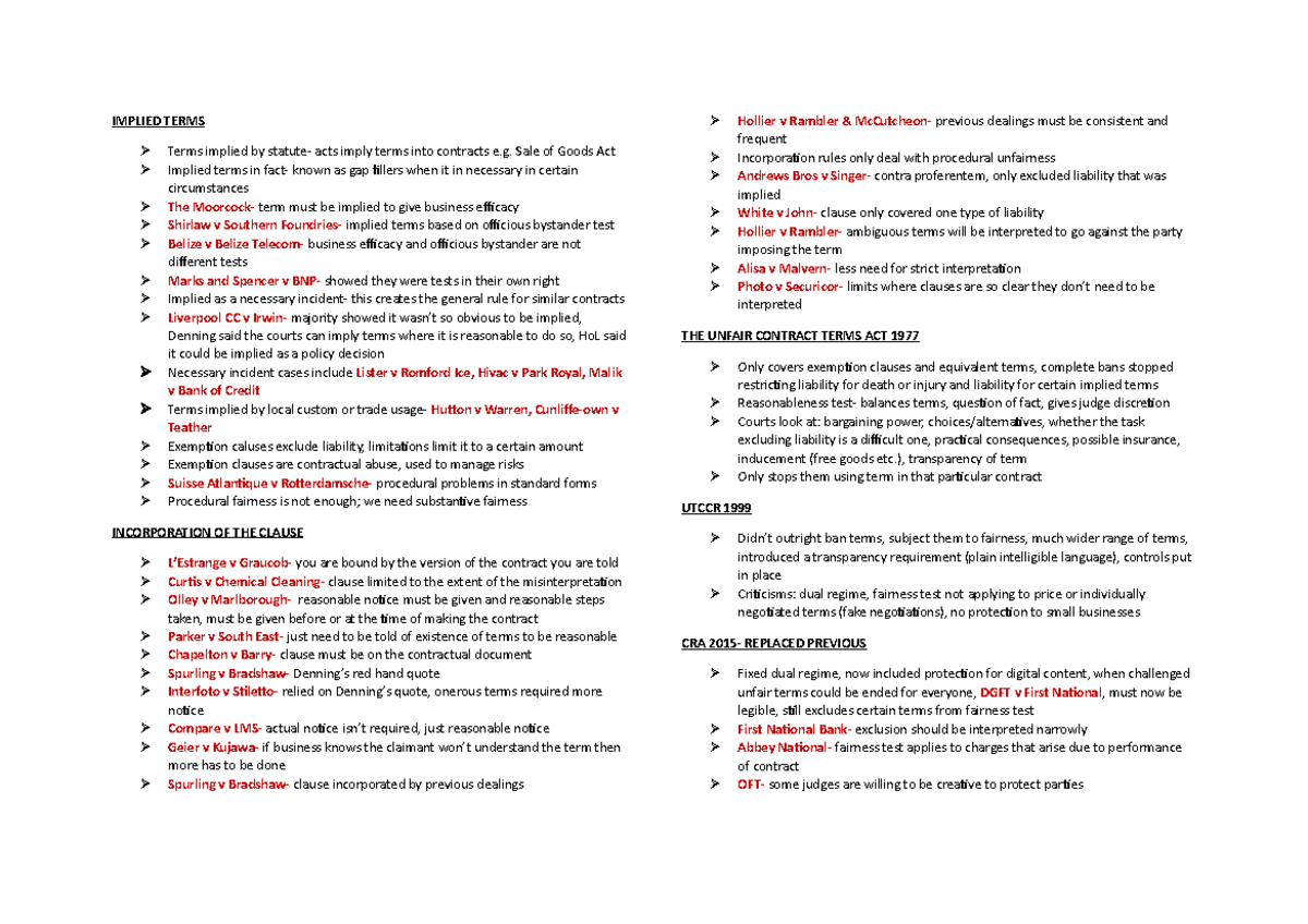 Contract Cheat Sheet 2 - IMPLIED TERMS Terms implied acts imply terms ...