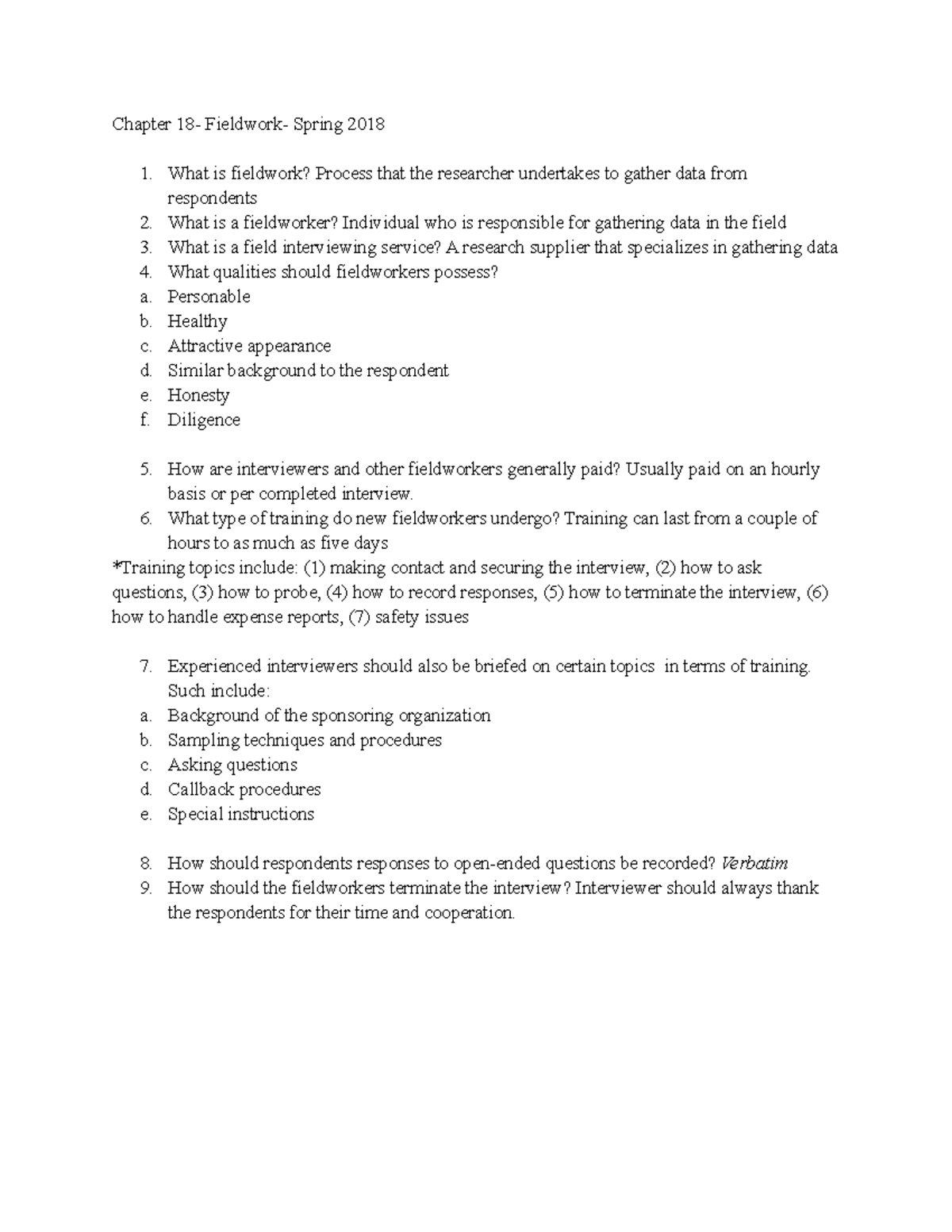 Chapter 18- Fieldwork- Spring 2018 - Chapter Spring 2018 1. What is ...