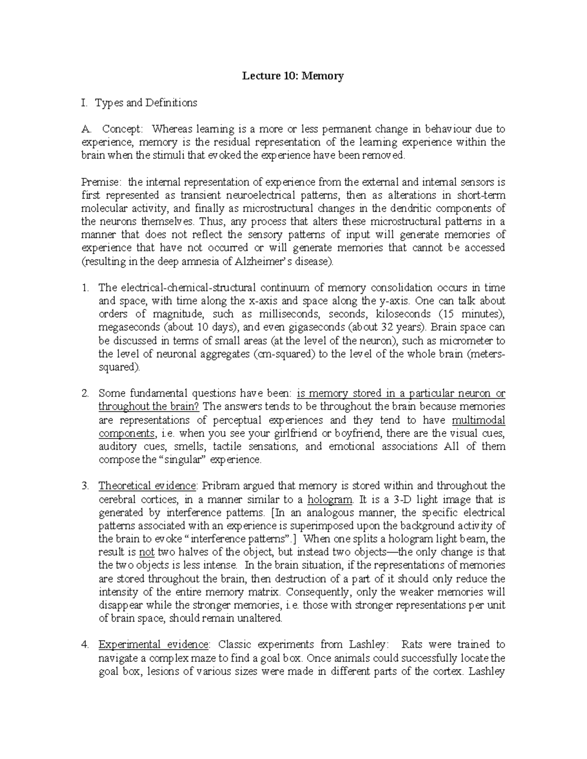 Lecture 10 Memory - Professor Neil Fournier - Lecture 10: Memory I ...