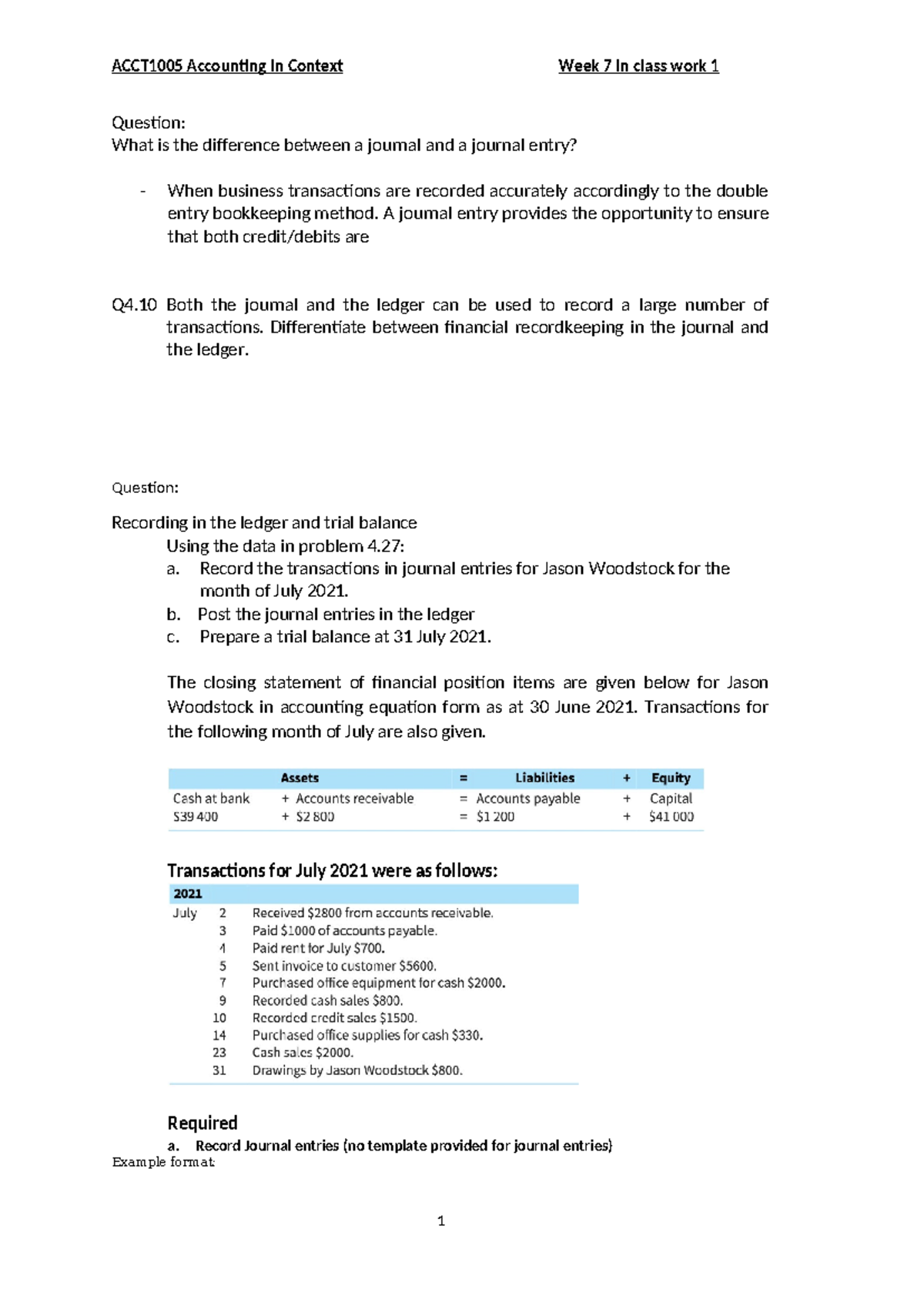 Week 7 In class Question 1 - Question: What is the difference between a journal and a journal ...
