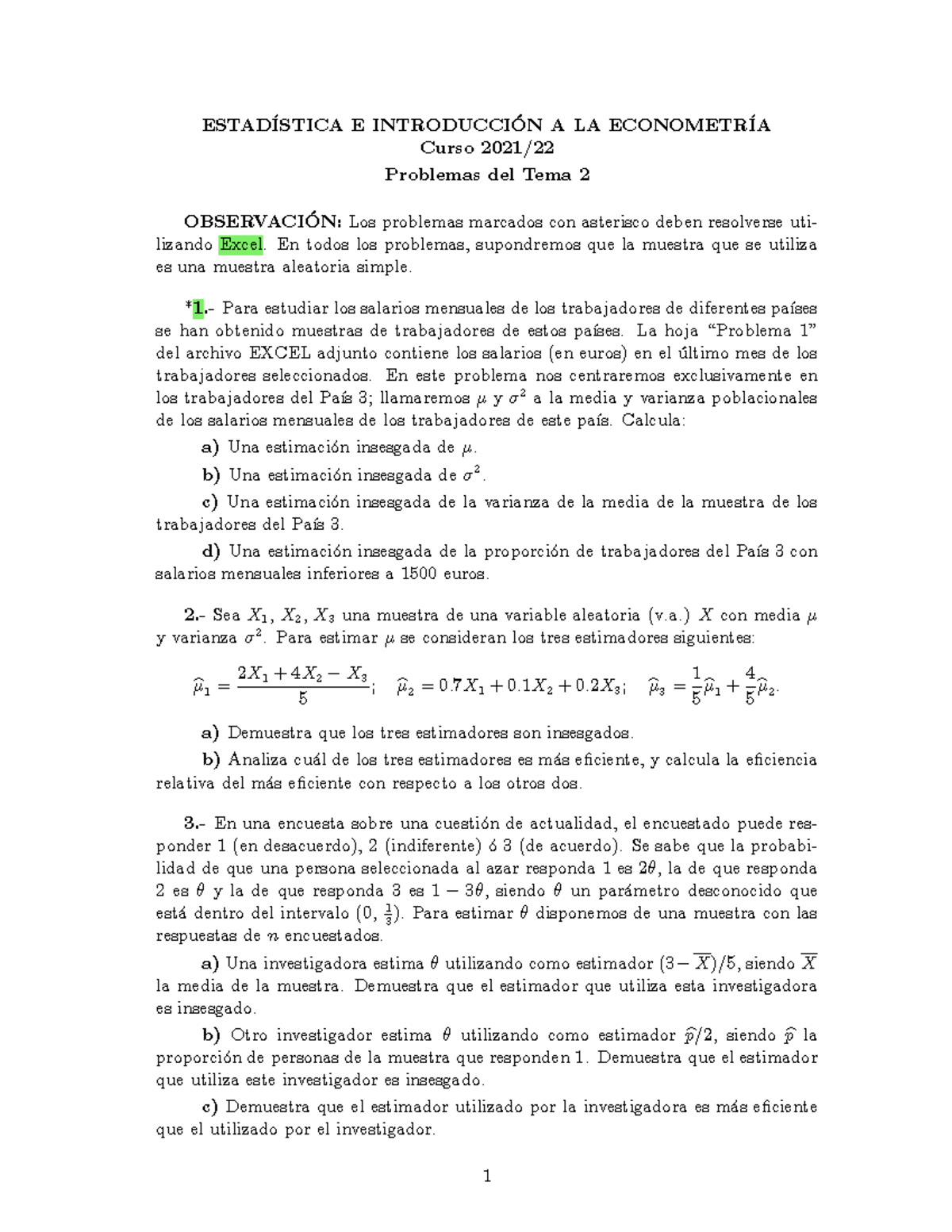 Problemas tema 2 Estadística y Econometría - ESTADÕSTICA E INTRODUCCI”N A LA ECONOMETRÕA Curso ...