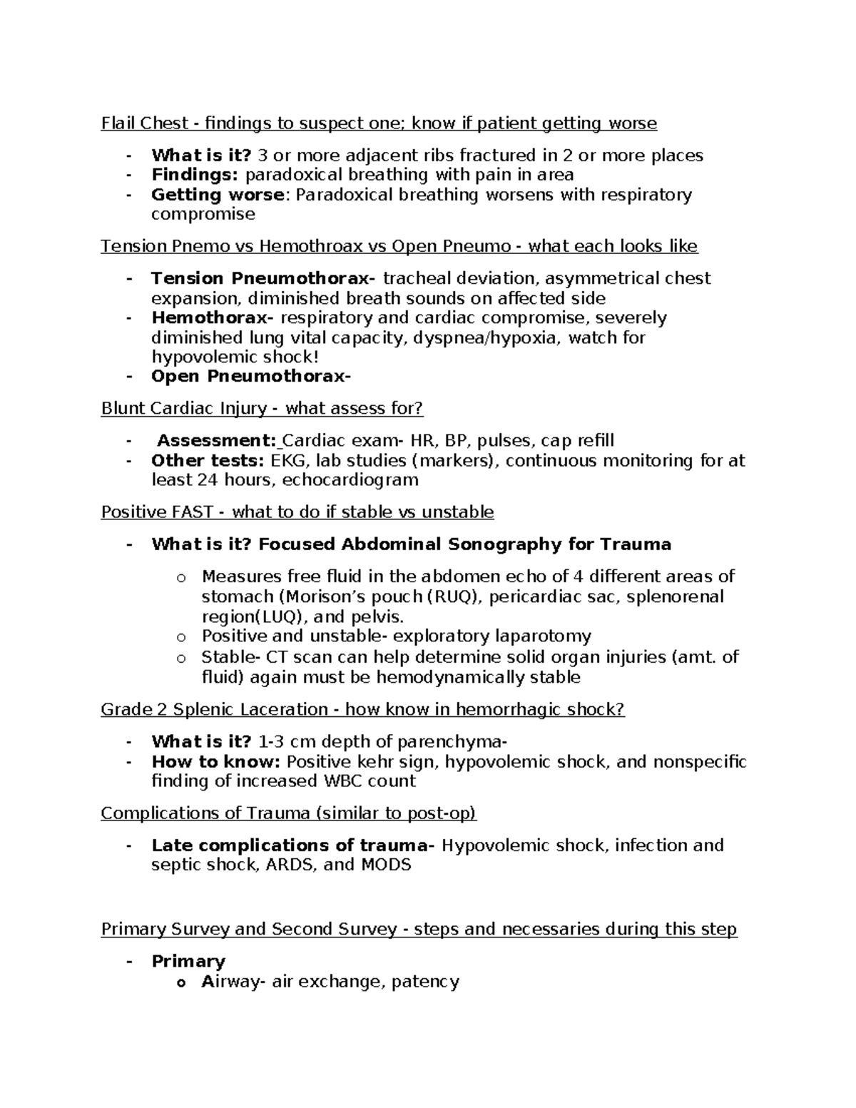 Med Surg SG 4 - trauma study guide - Flail Chest - findings to suspect ...