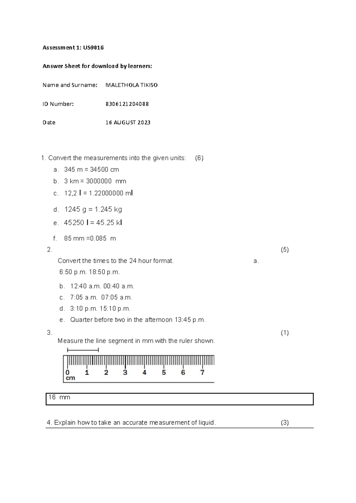 Assessment 1 Answer Sheet US9016 - Assessment 1: US Answer Sheet for ...