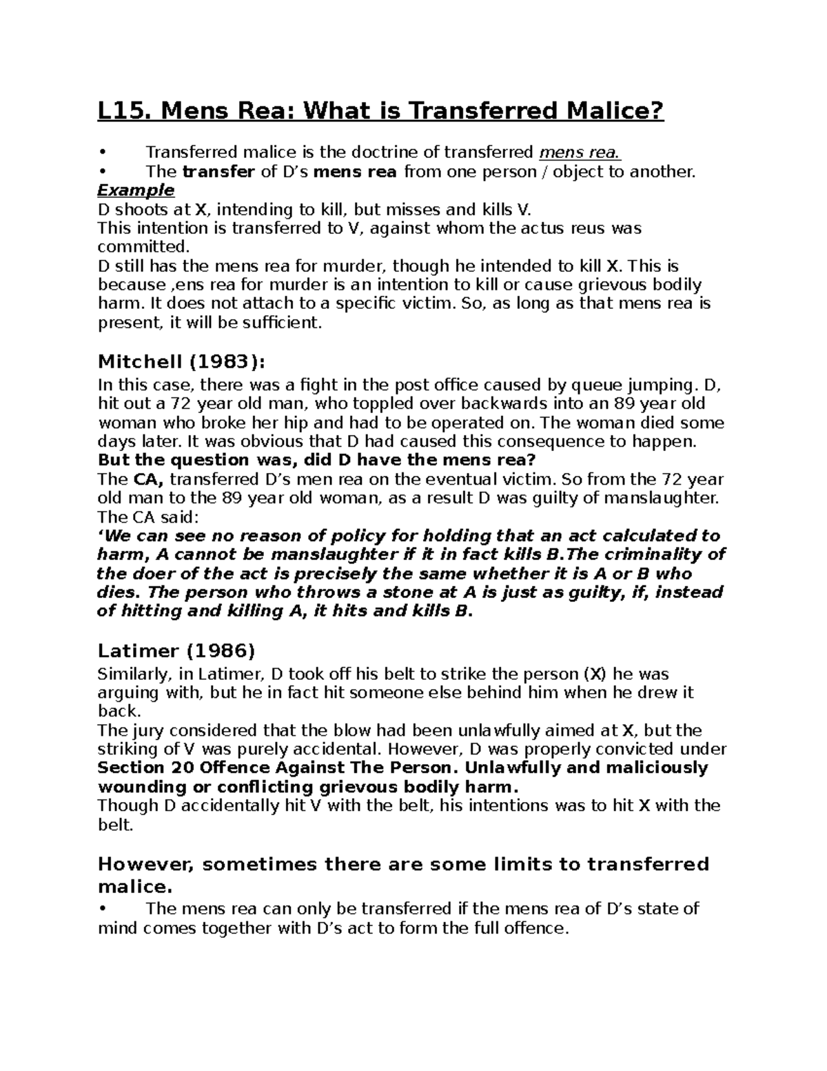 L15. Mens Rea- What is Transferred Malice - L15. Mens Rea: What is ...
