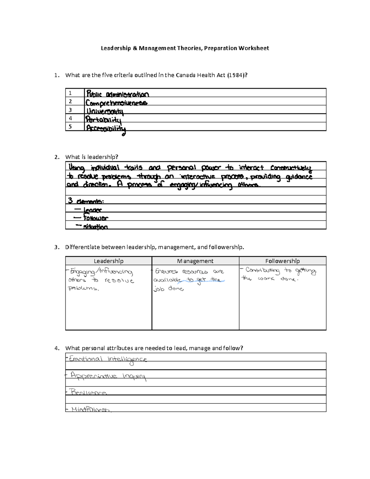 NURS 3113 Worksheets Midterm 1 - Leadership & Management Theories ...