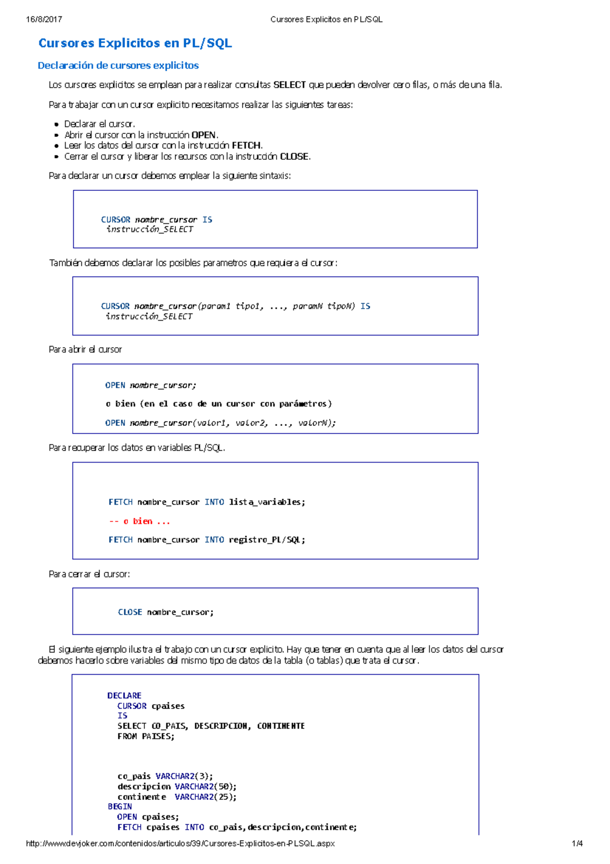 Cursores Explicitos en PL SQL - Cursores Explicitos en PL/SQL Declaración de cursores explicitos ...