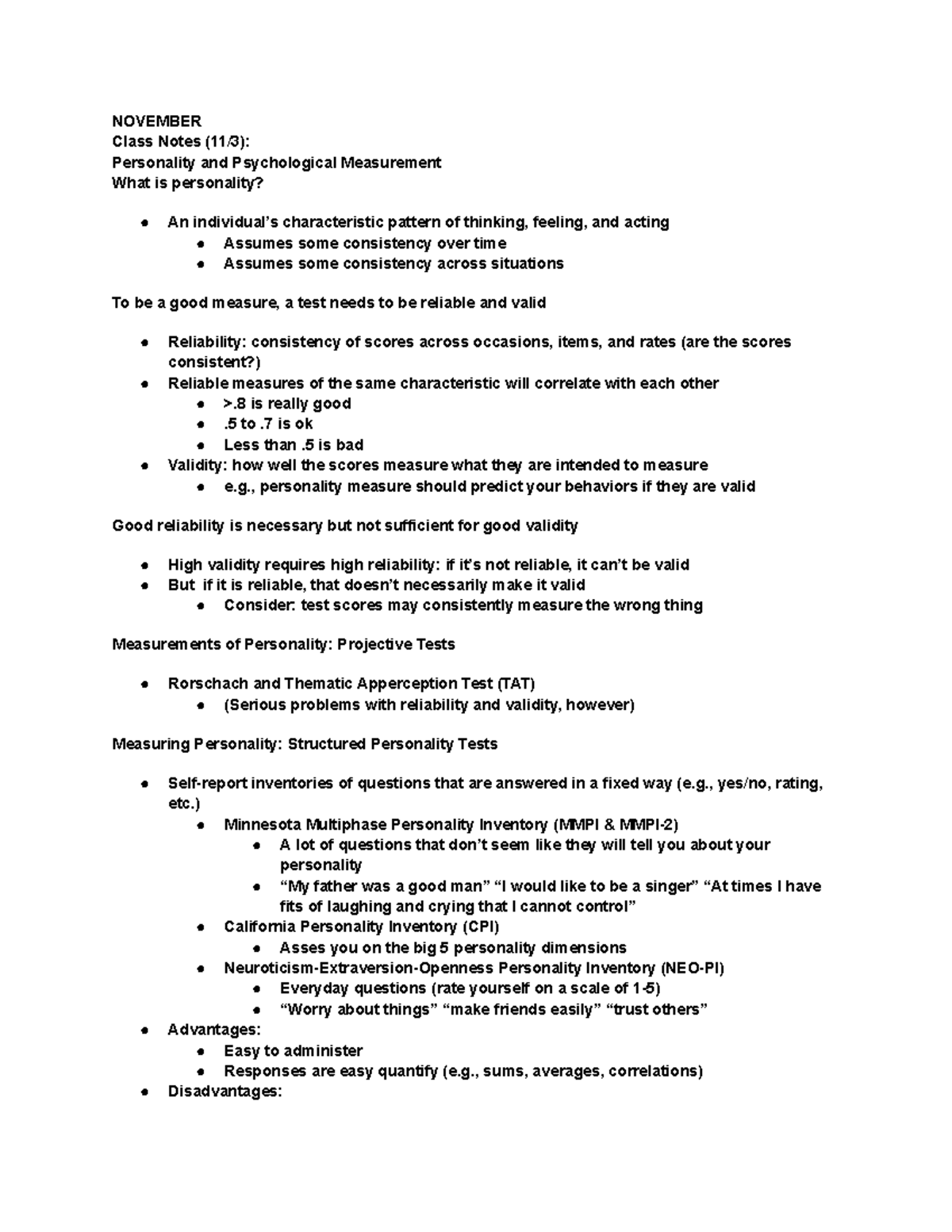 Psy 101 (Class Notes NOV - NOVEMBER Class Notes (11/3): Personality and ...