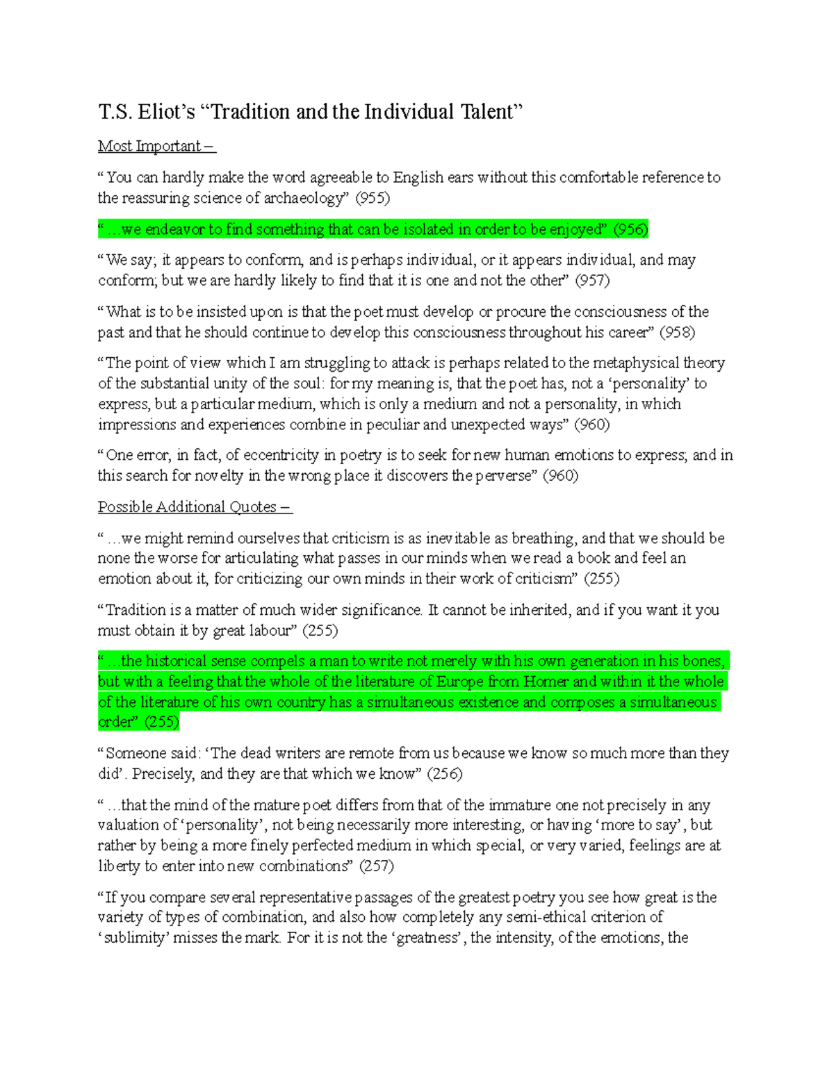 Review Guide Advance Prep - Tradition and the Individual Talent - T ...