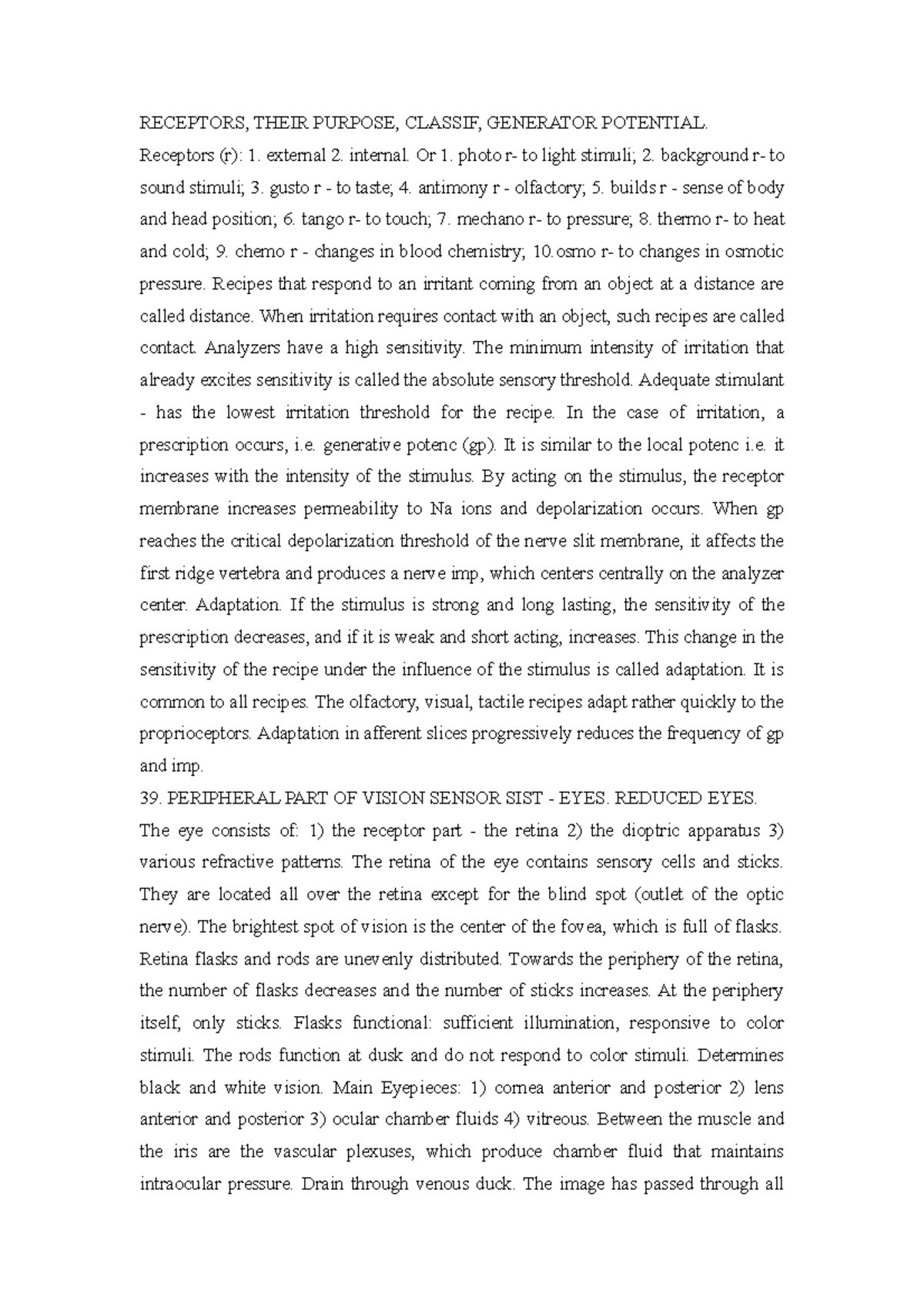 Receptors, Their Purpose, Classif, Generator Potential - RECEPTORS ...