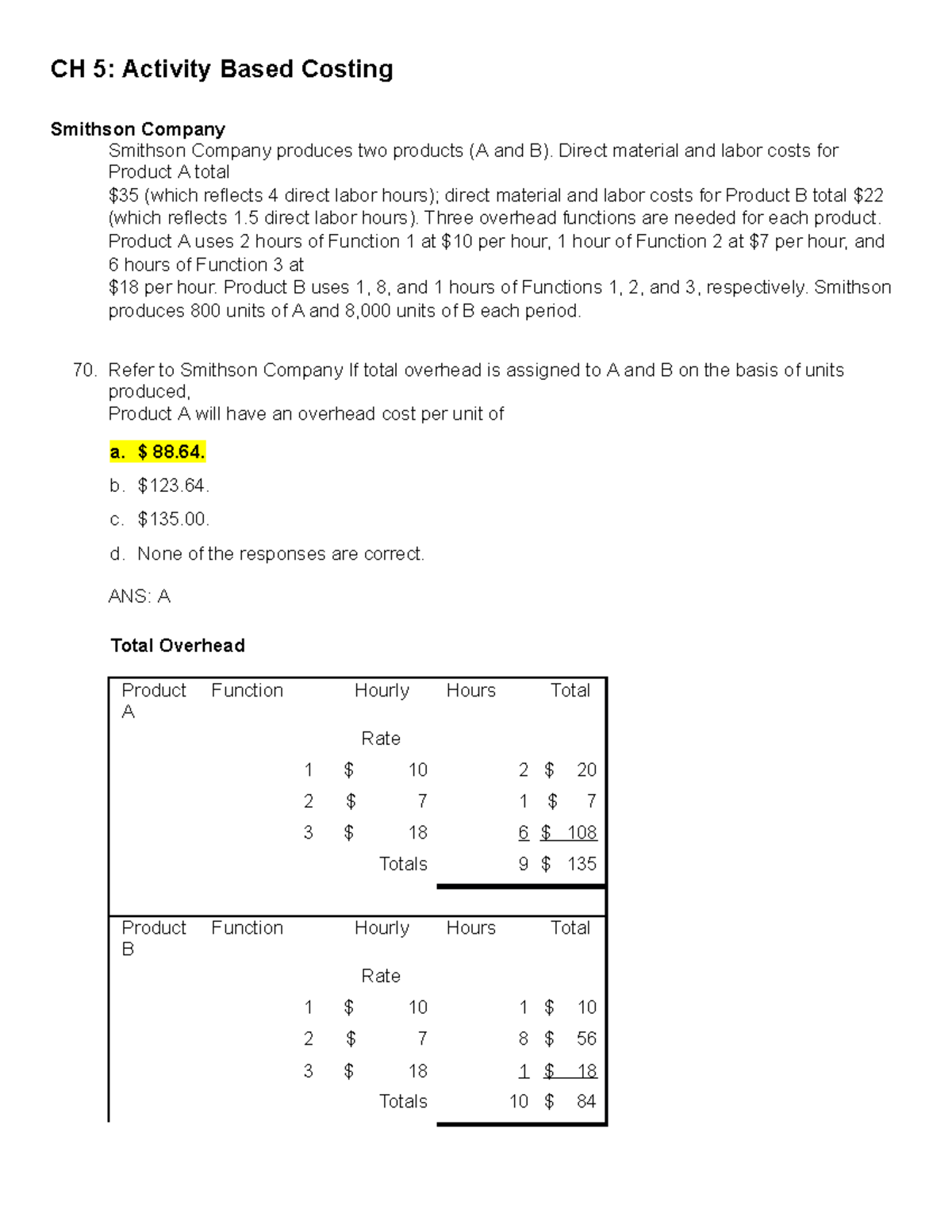 Activity Based Costing with Answers & Solution - CH 5: Activity Based ...